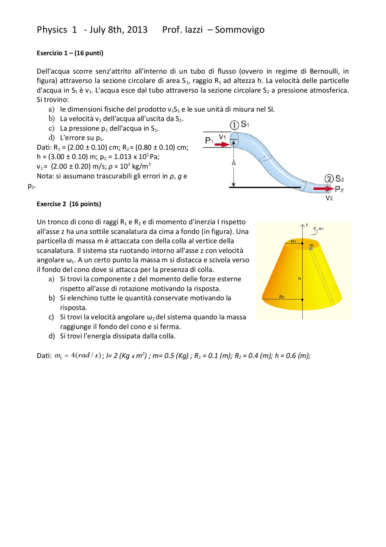 Esercizi di Fisica 1 - Soluzioni - Versione A | Prove d'esame di Fisica | Docsity