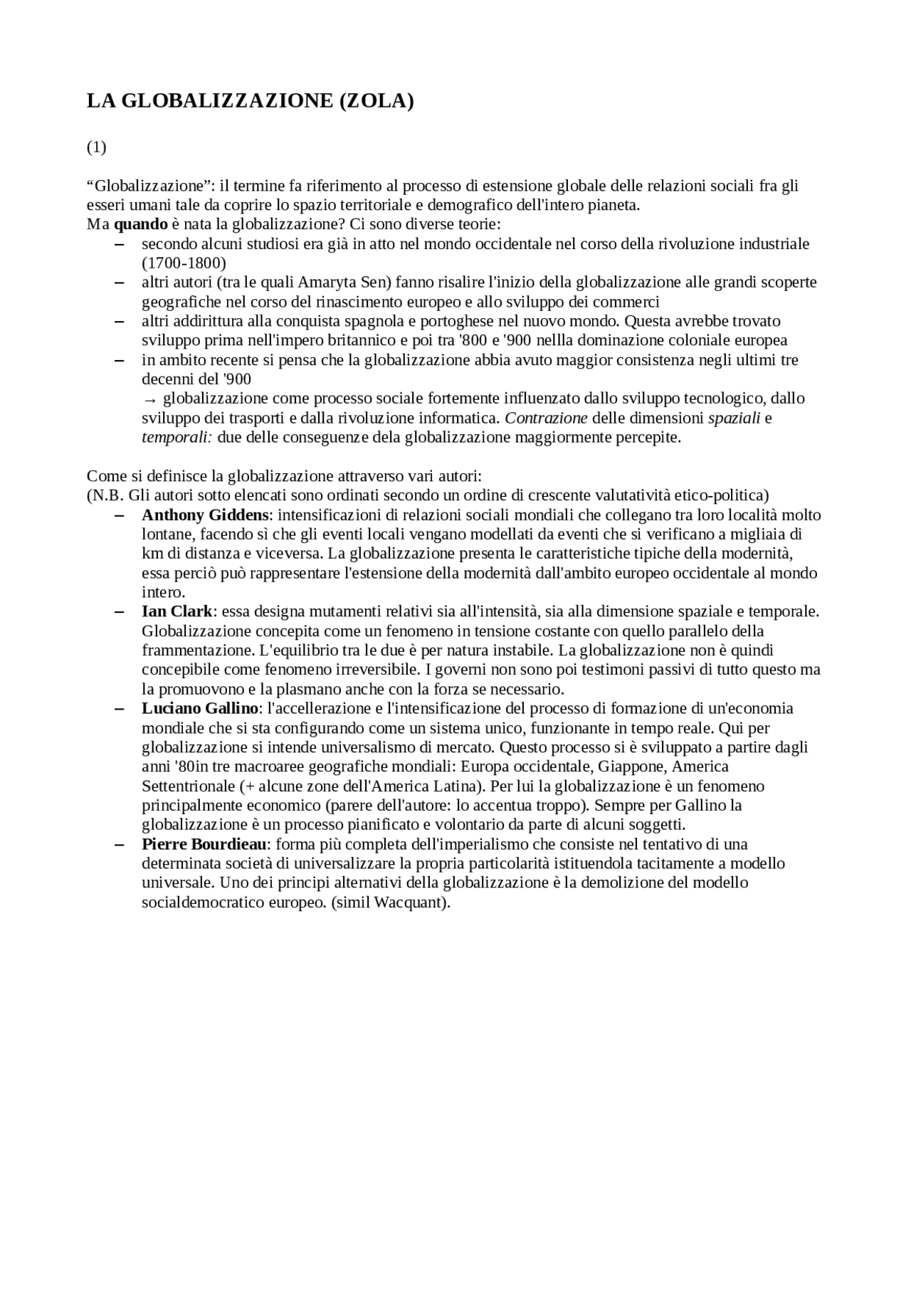 LA GLOBALIZZAZIONE ZOLA CAP. 1 - Docsity