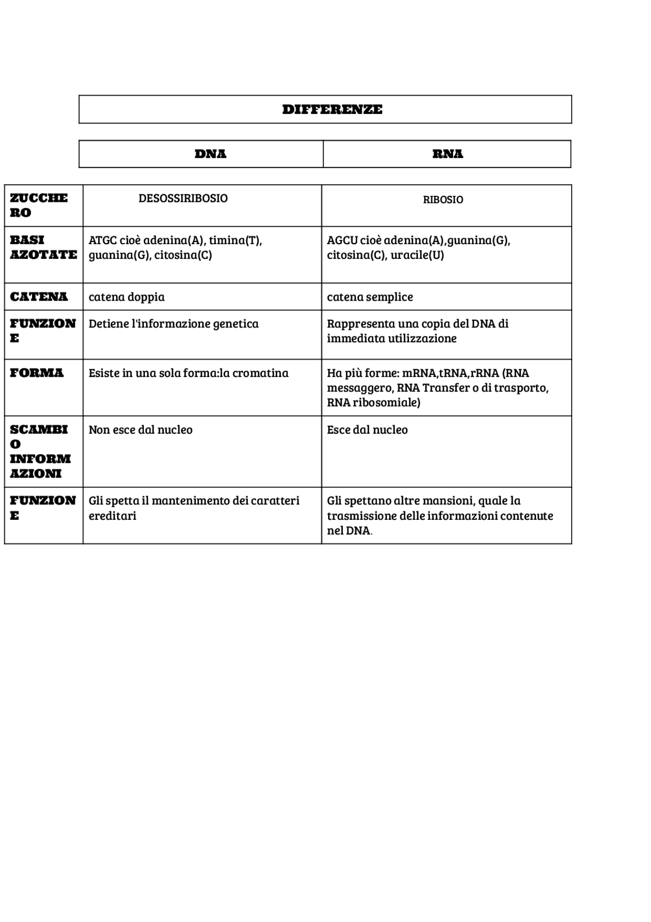 Differenze Tra Dna E Rna Appunti Di Biologia Docsity