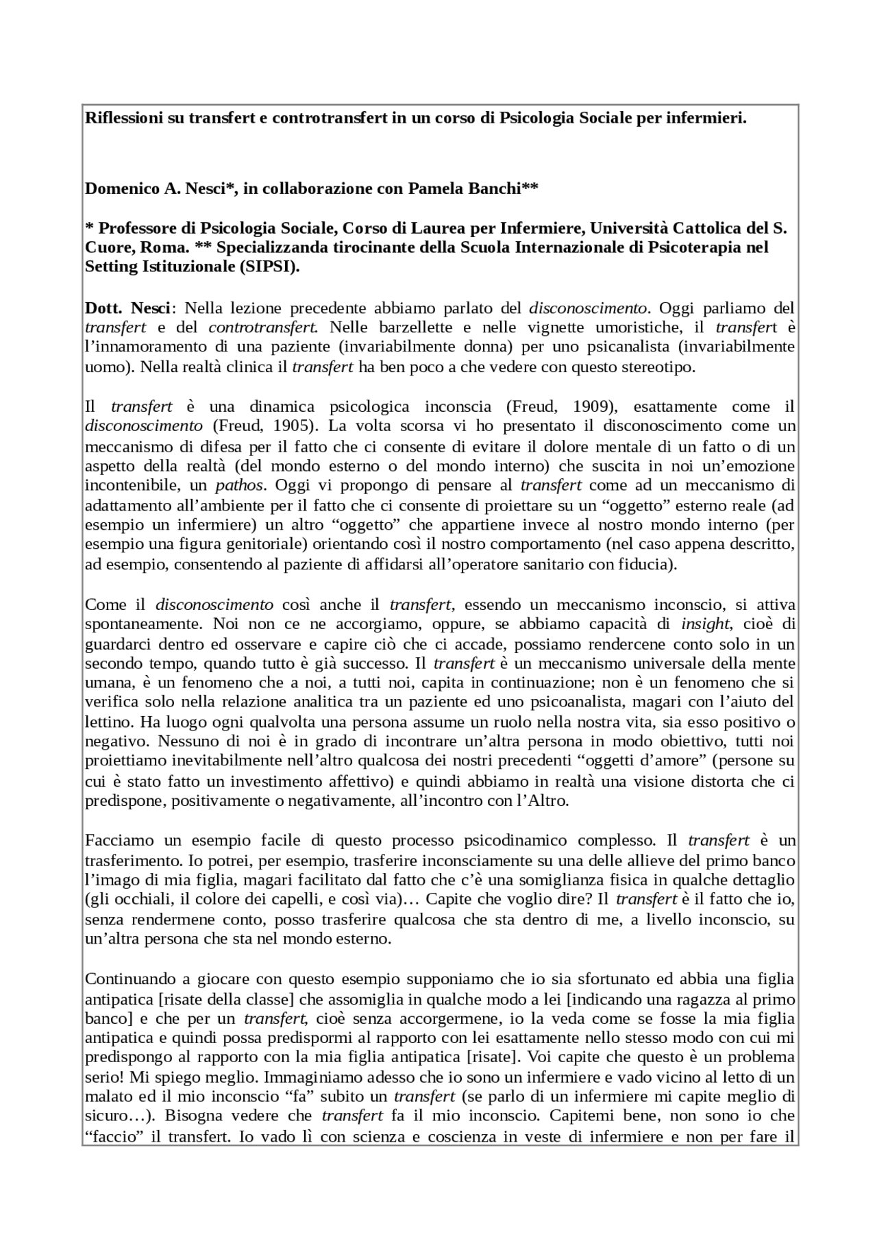 TRANSFERT E CONTROTRANSFERT - Docsity