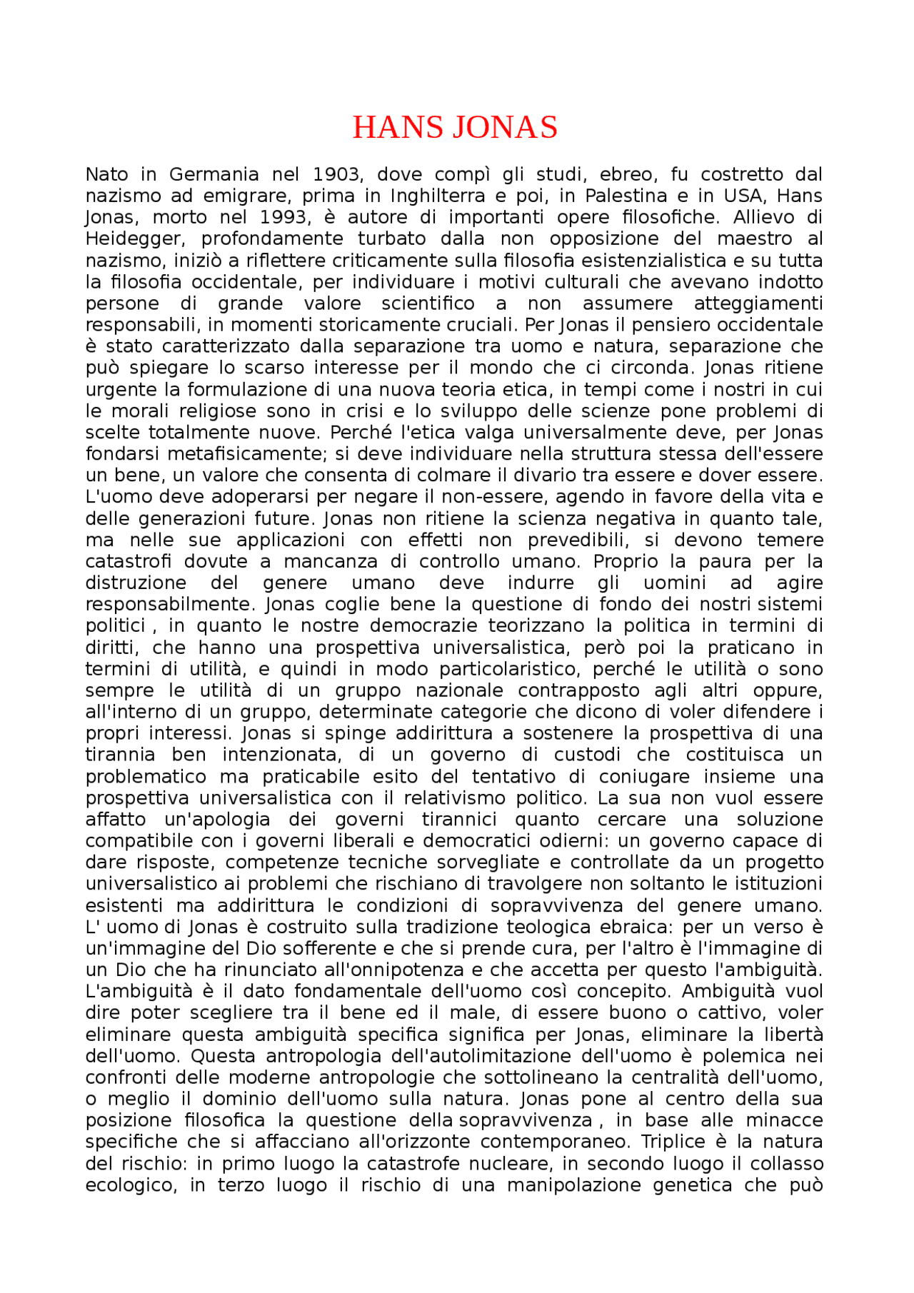 Vita E Pensiero Di Hans Jonas Docsity