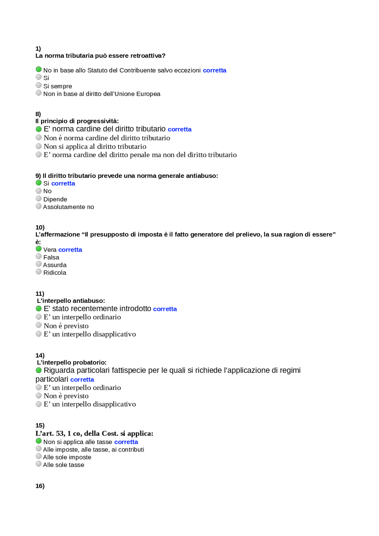 Test Autovalutazione Diritto Tributario Docsity
