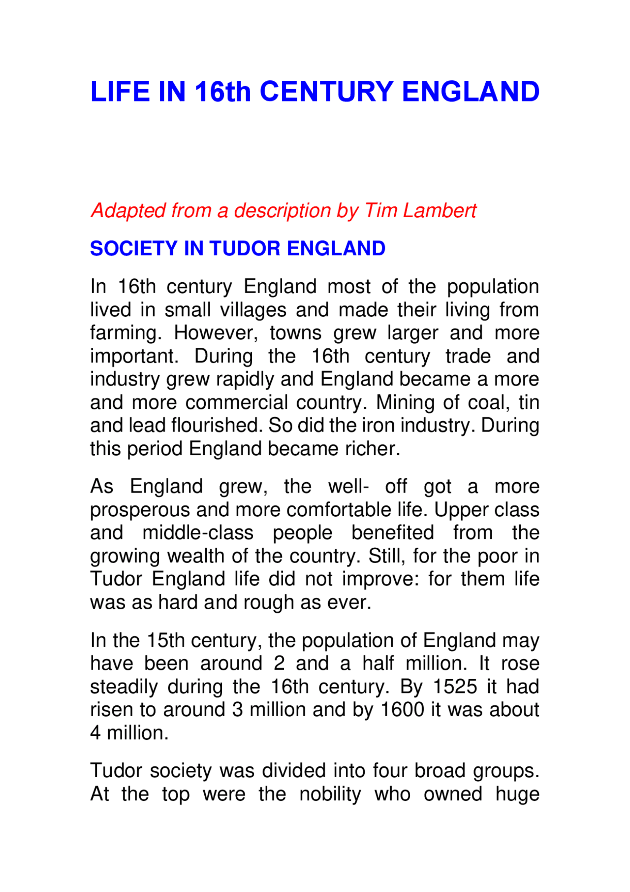 Society in Tudor England - Docsity