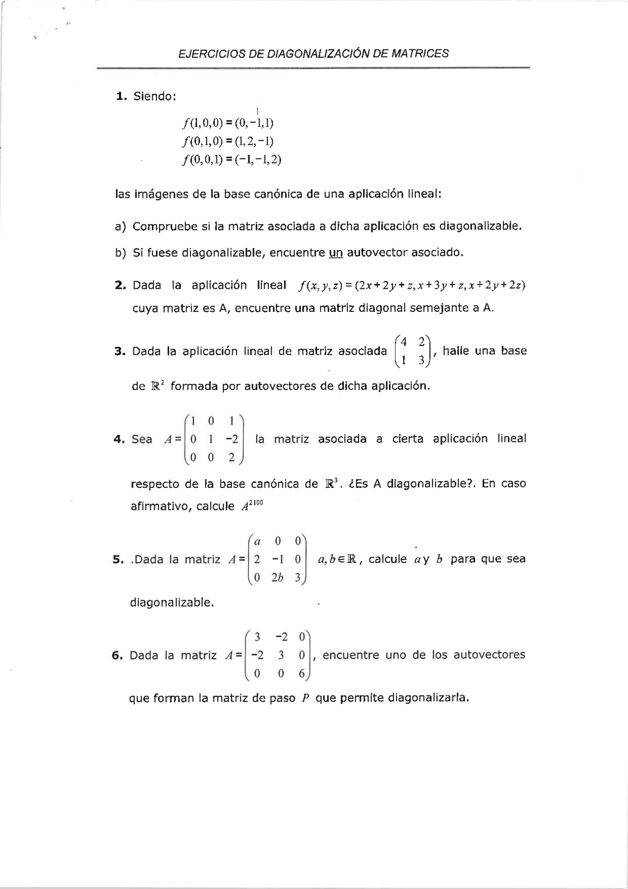 EJERCICIOS DE DIAGONALIZACIÓN - Docsity