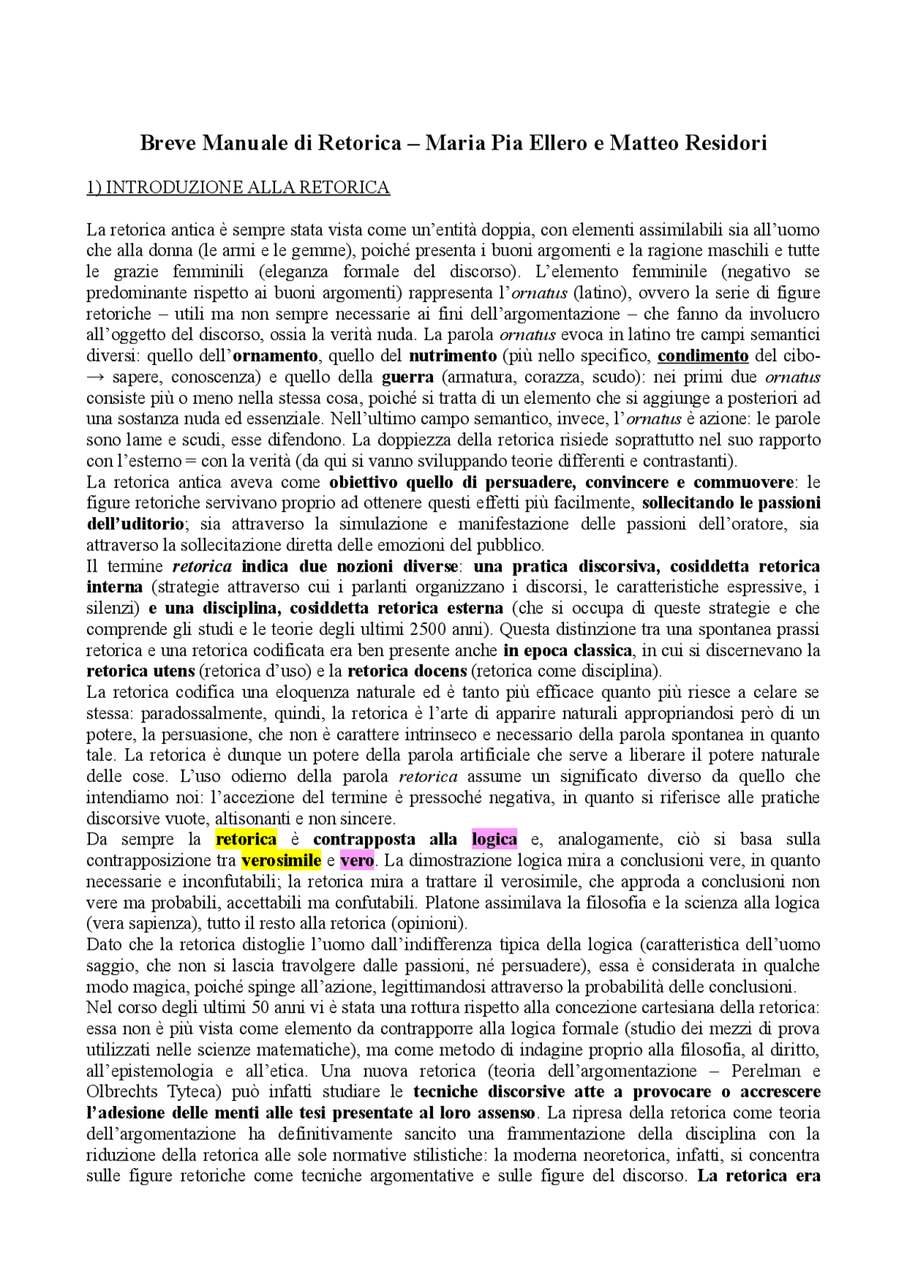 Breve Manuale Di Retorica Ellero Residori Docsity