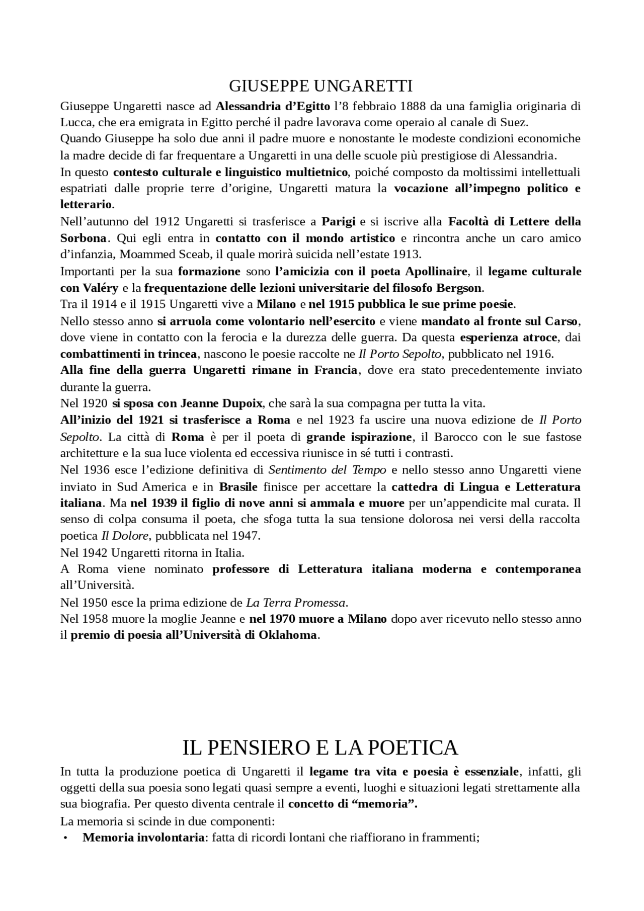 Giuseppe Ungaretti Vita E Opere Docsity