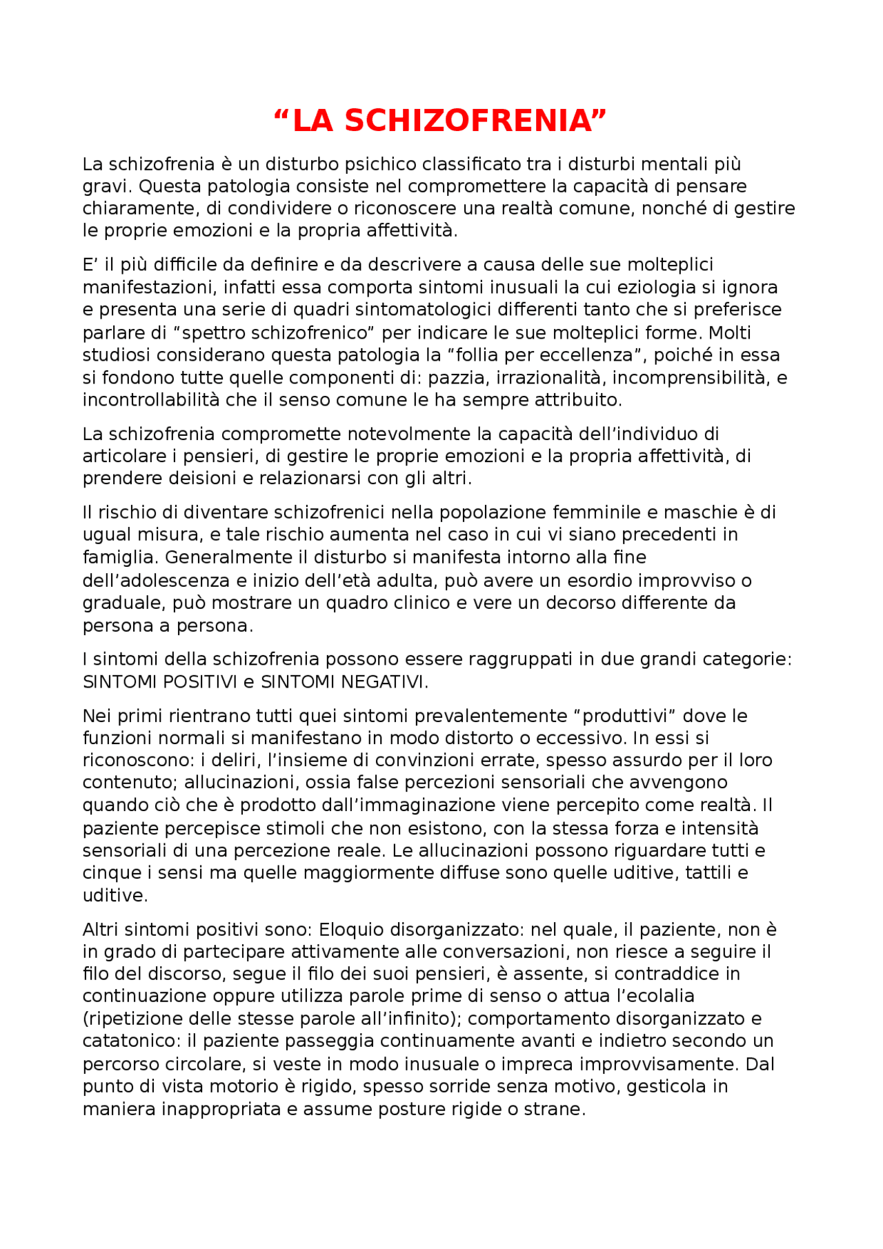 La Schizofrenia Psicologia Docsity