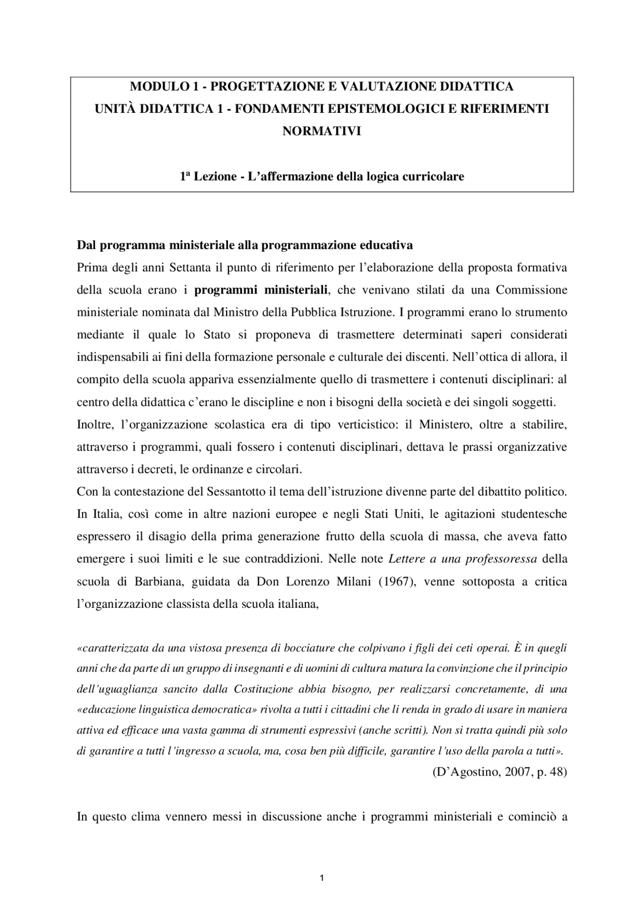 Modulo 1 Progettazione E Valutazione Didattica Docsity