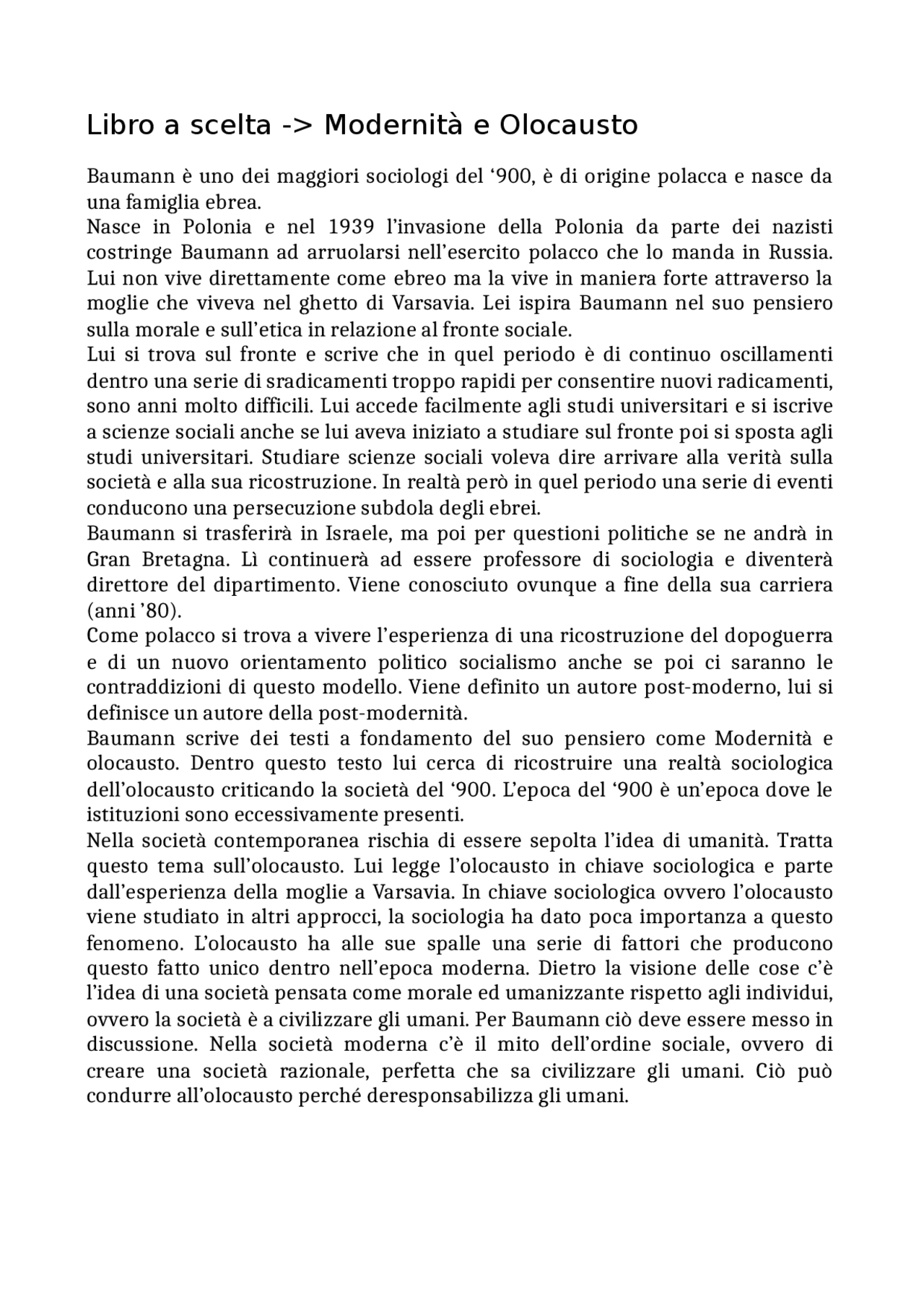 Libro Modernità E Olocausto E Vita Di Baumann Docsity