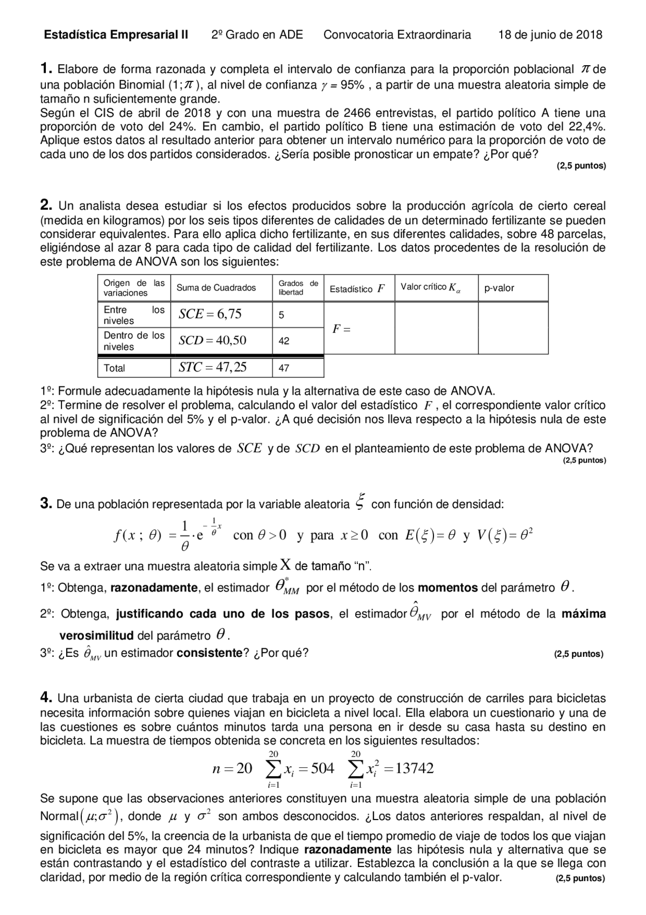 Estadística Empresarial Examen Final De 2016 Junio Docsity