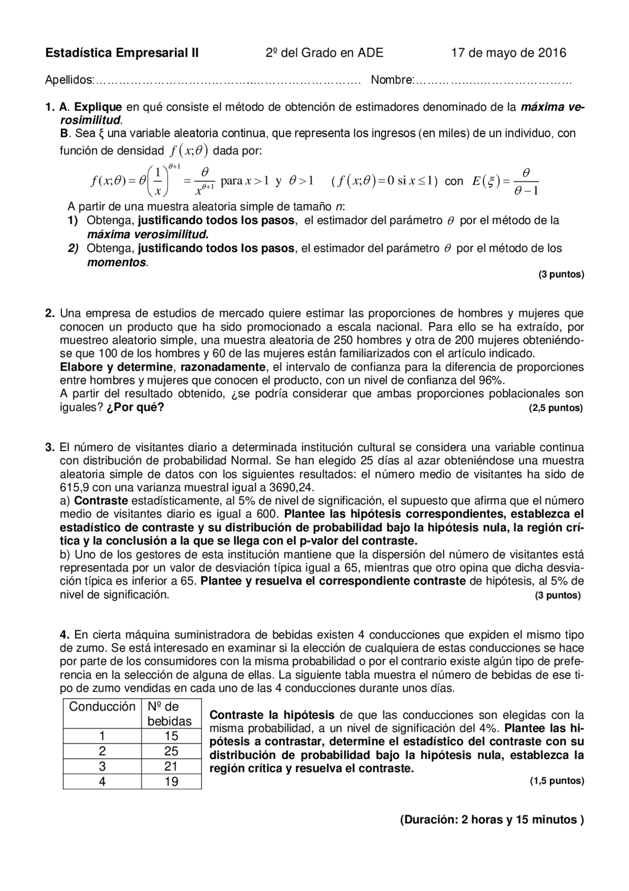 Estadística Empresarial Examen Final De 2018 Junio Docsity