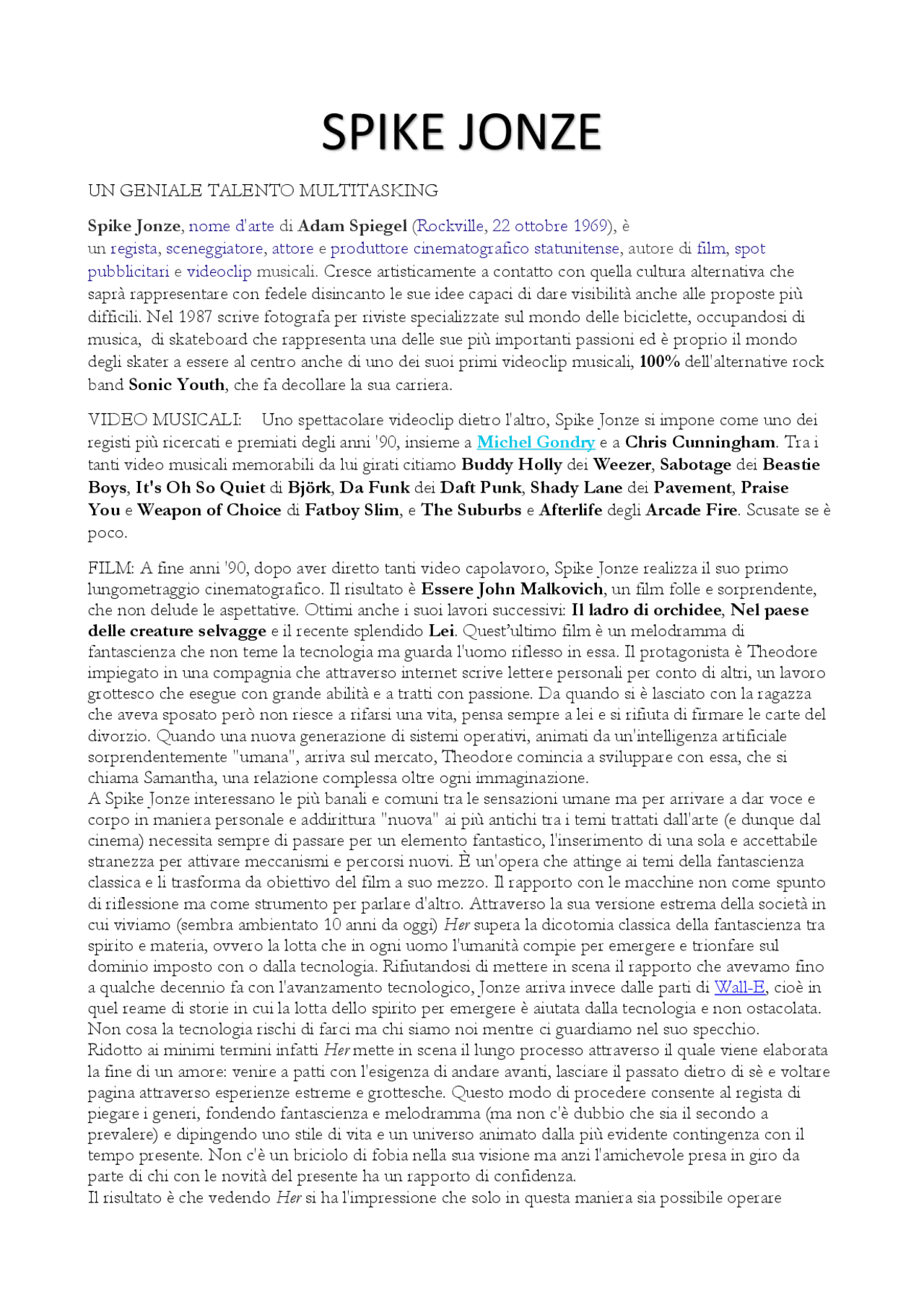 La storia di spike jonze - Docsity