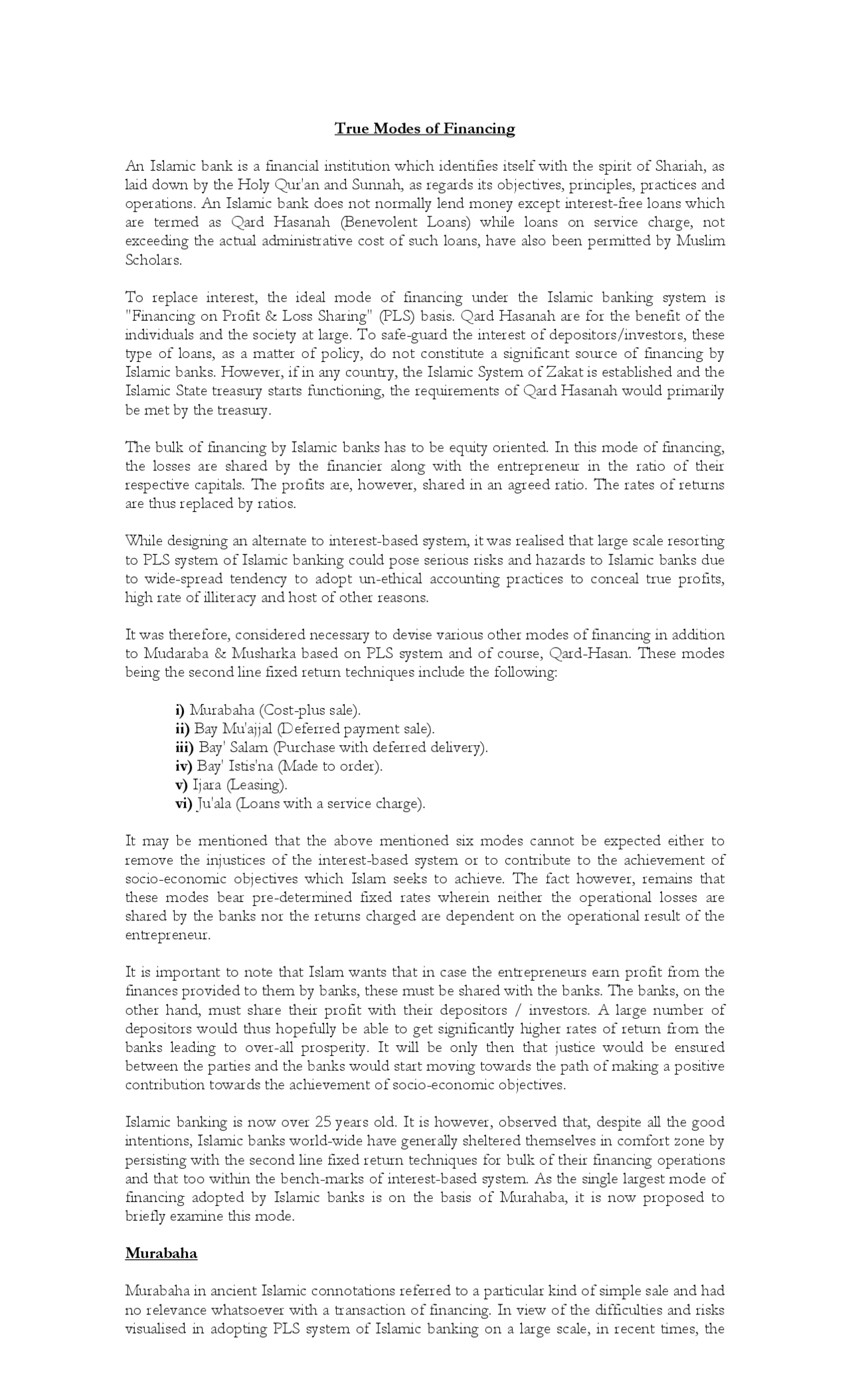 Various modes of Islamic Finance - Docsity