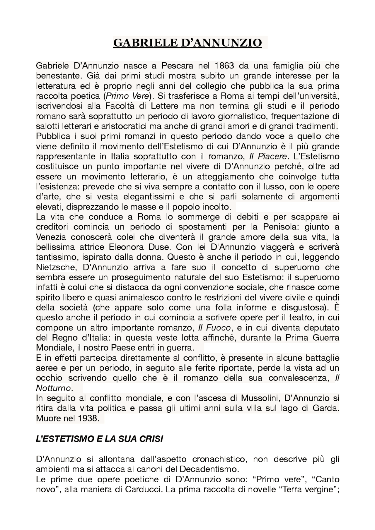 Riassunto Di Gabriele Dannunzio Docsity