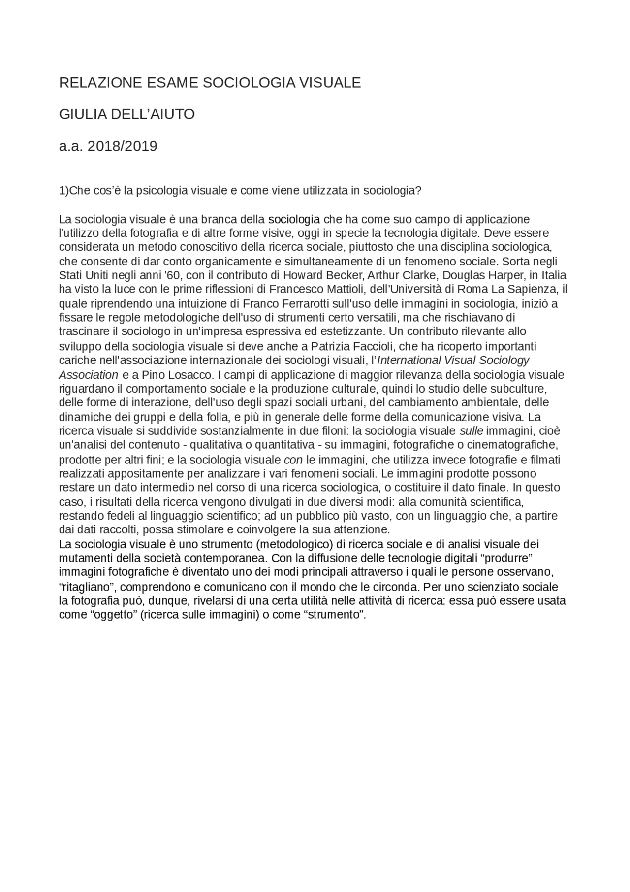 Relazione Sociologia Visuale Docsity