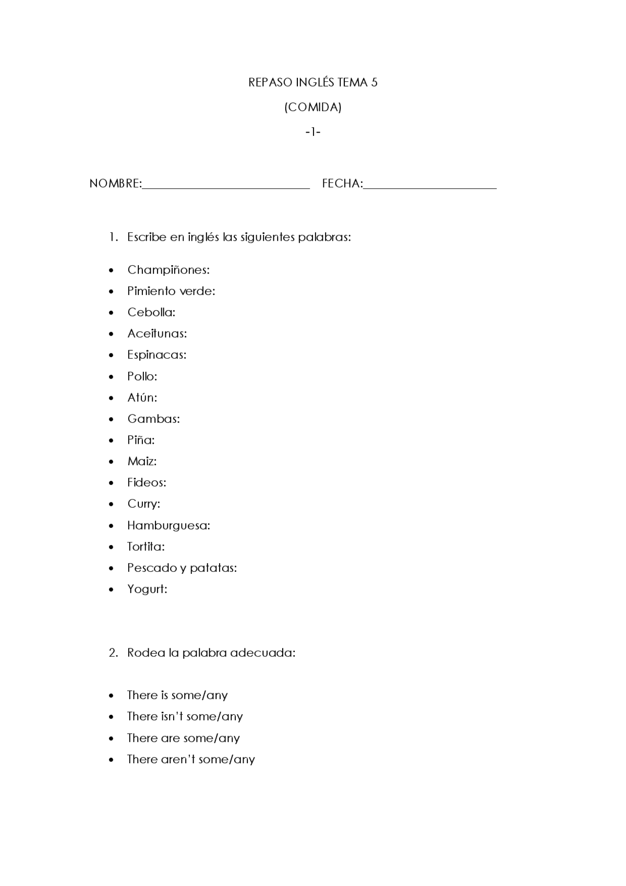 Ejercicios Repaso Tema 5 Inglés 3 Primaria Exercises Of English Docsity