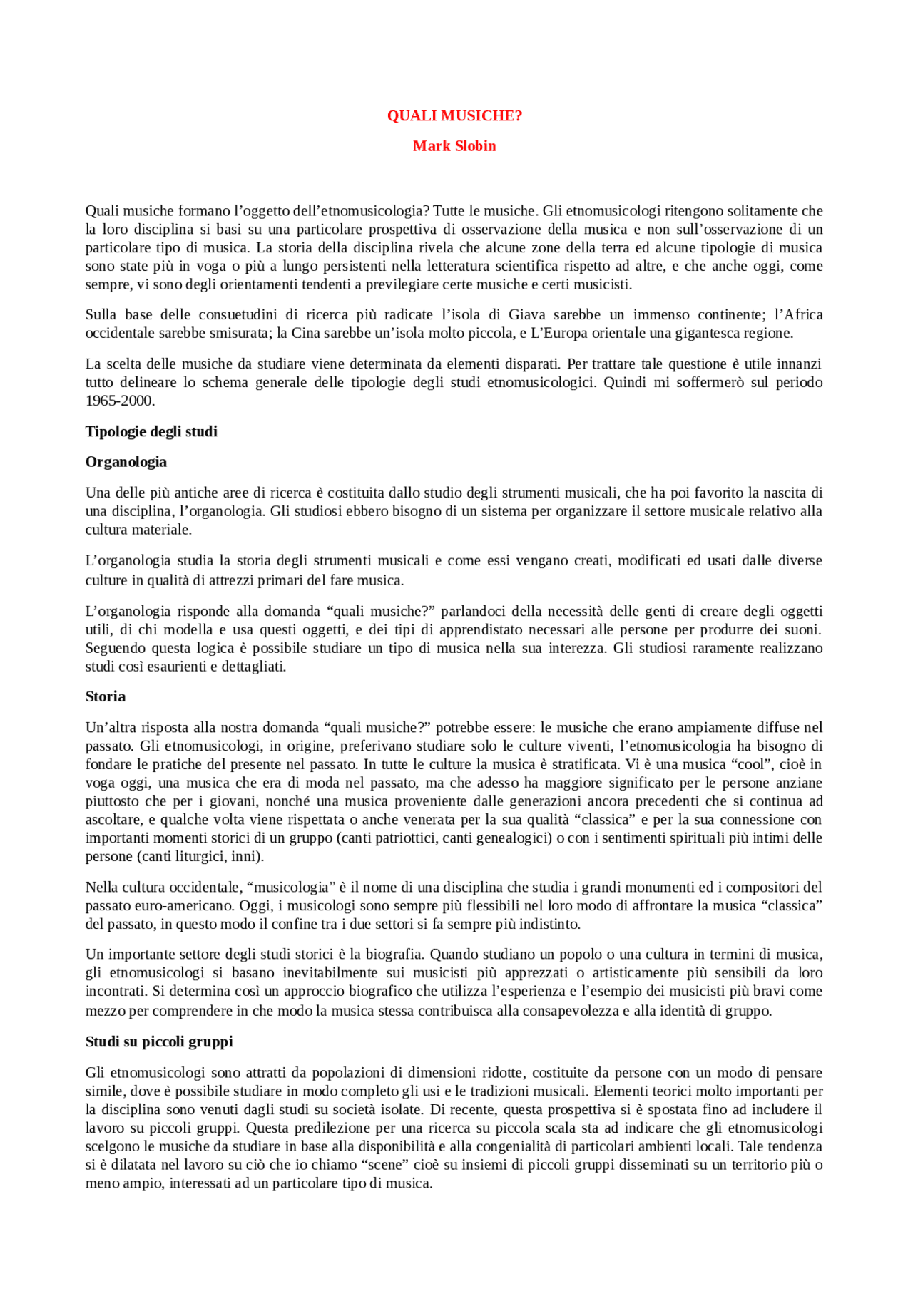 Riassunto de "Quali musiche?" di Mark Slobin - Docsity