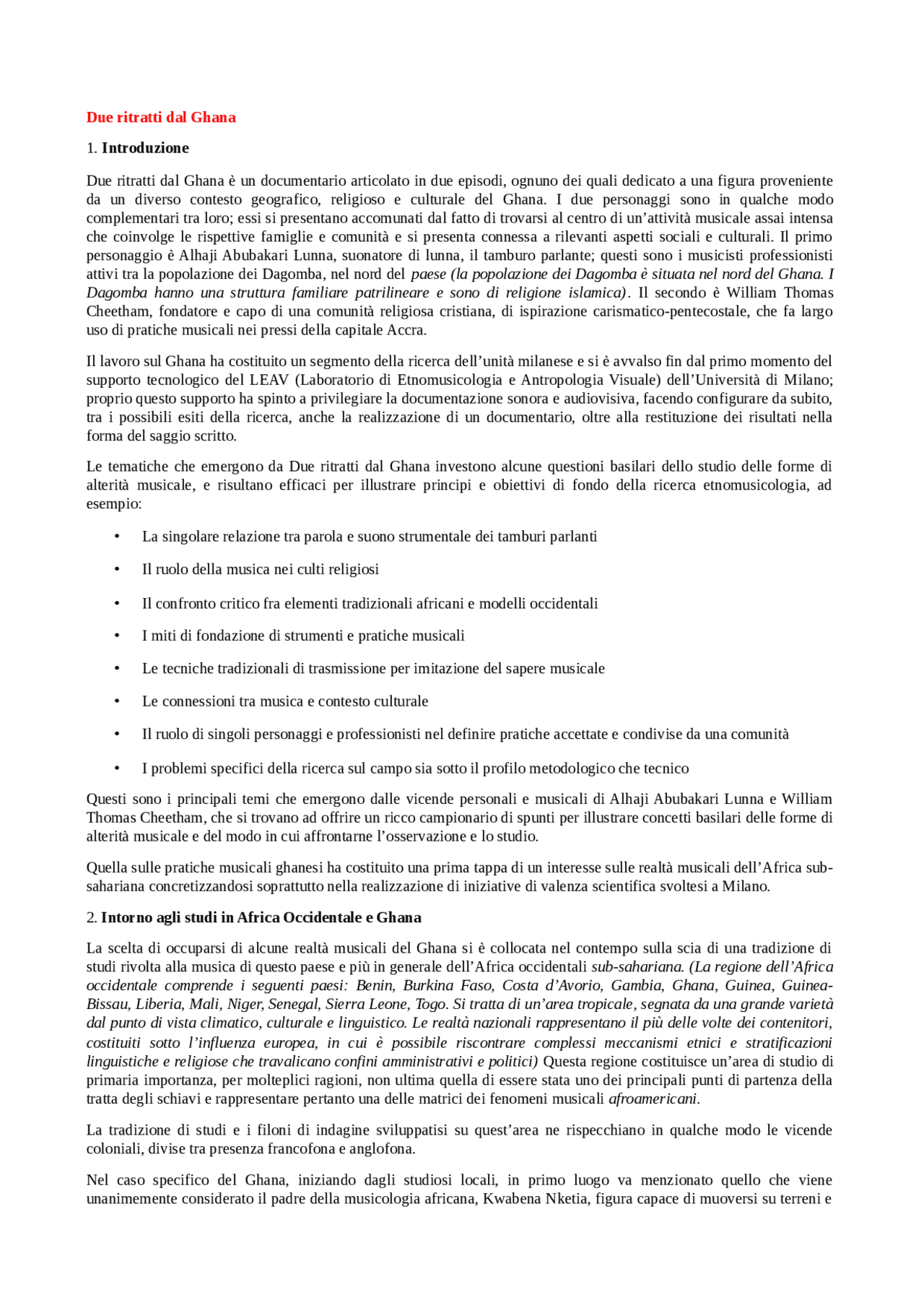 Riassunto Del Libretto Due Ritratti Dal Ghana Docsity