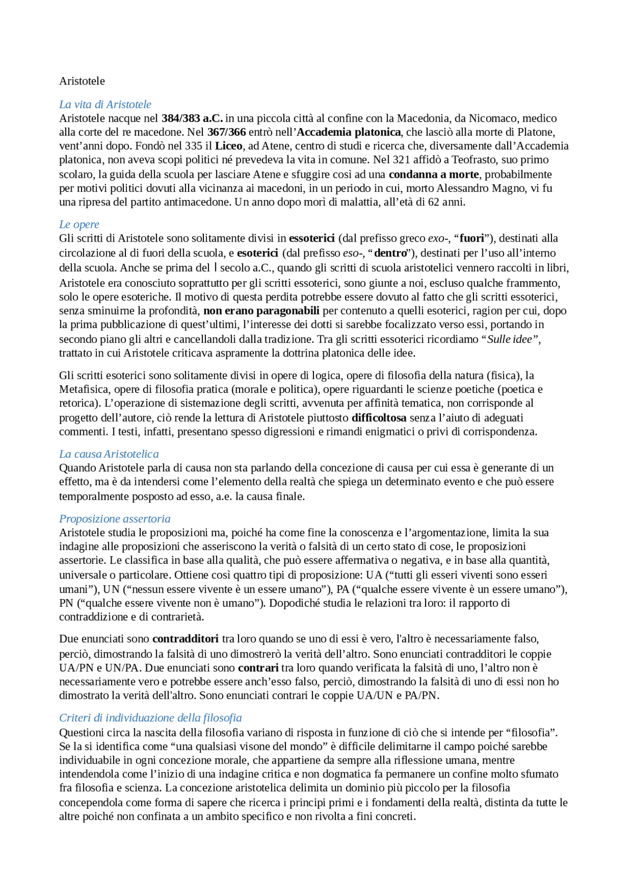 Aristotele Vita E Opere Docsity
