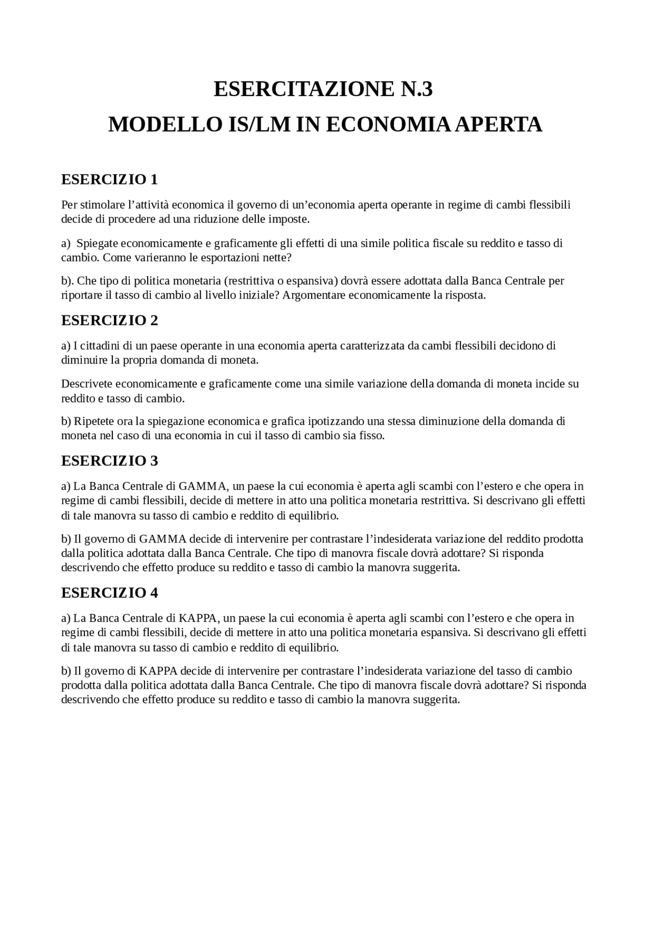 Esercitazione Modello Is Lm Docsity