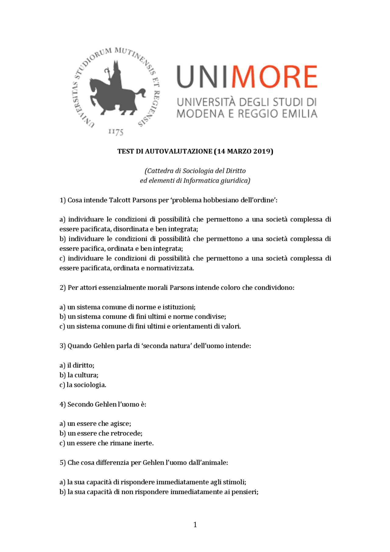 Test Di Autovalutazione Docsity