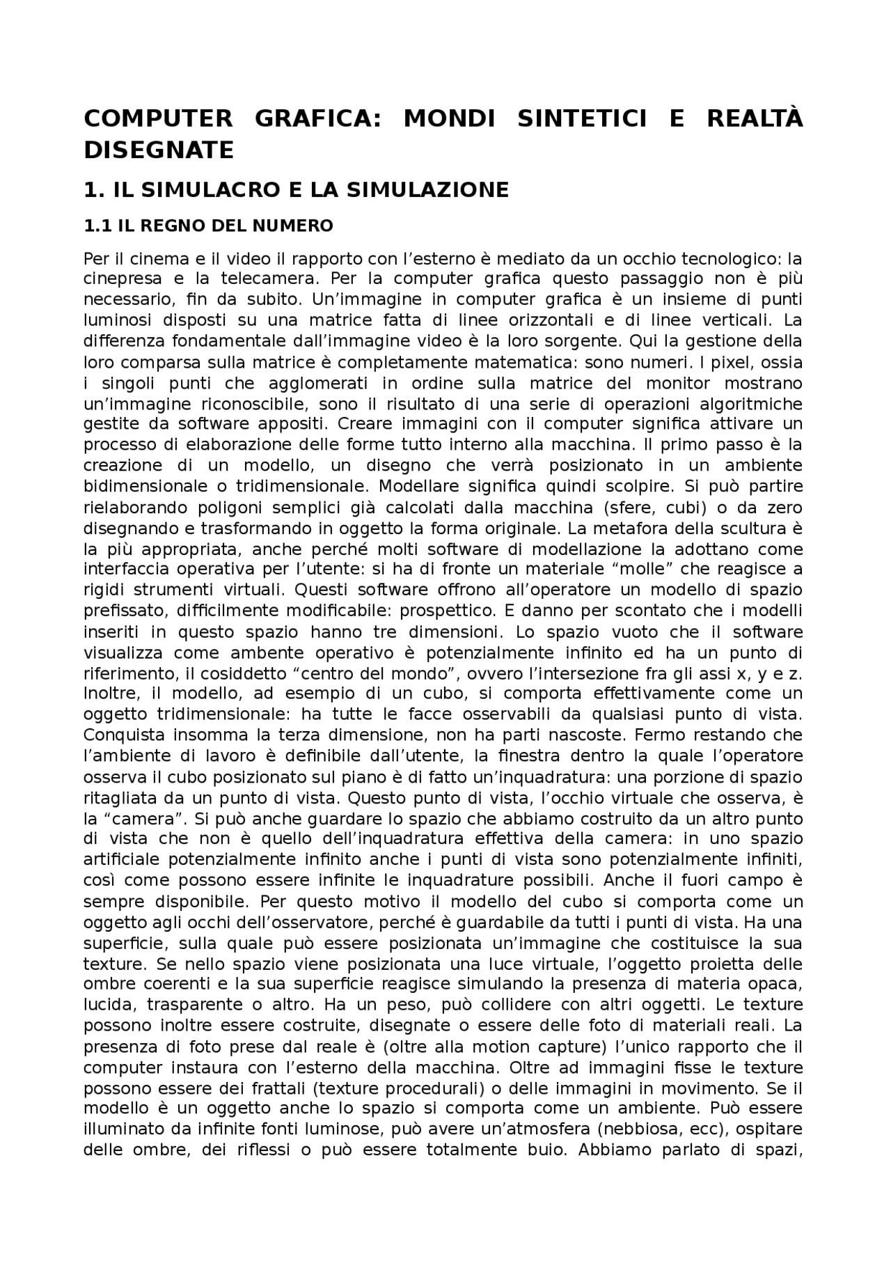 Riassunto Computer Grafica Mondi Sintetici E RealtÀ Disegnate Docsity