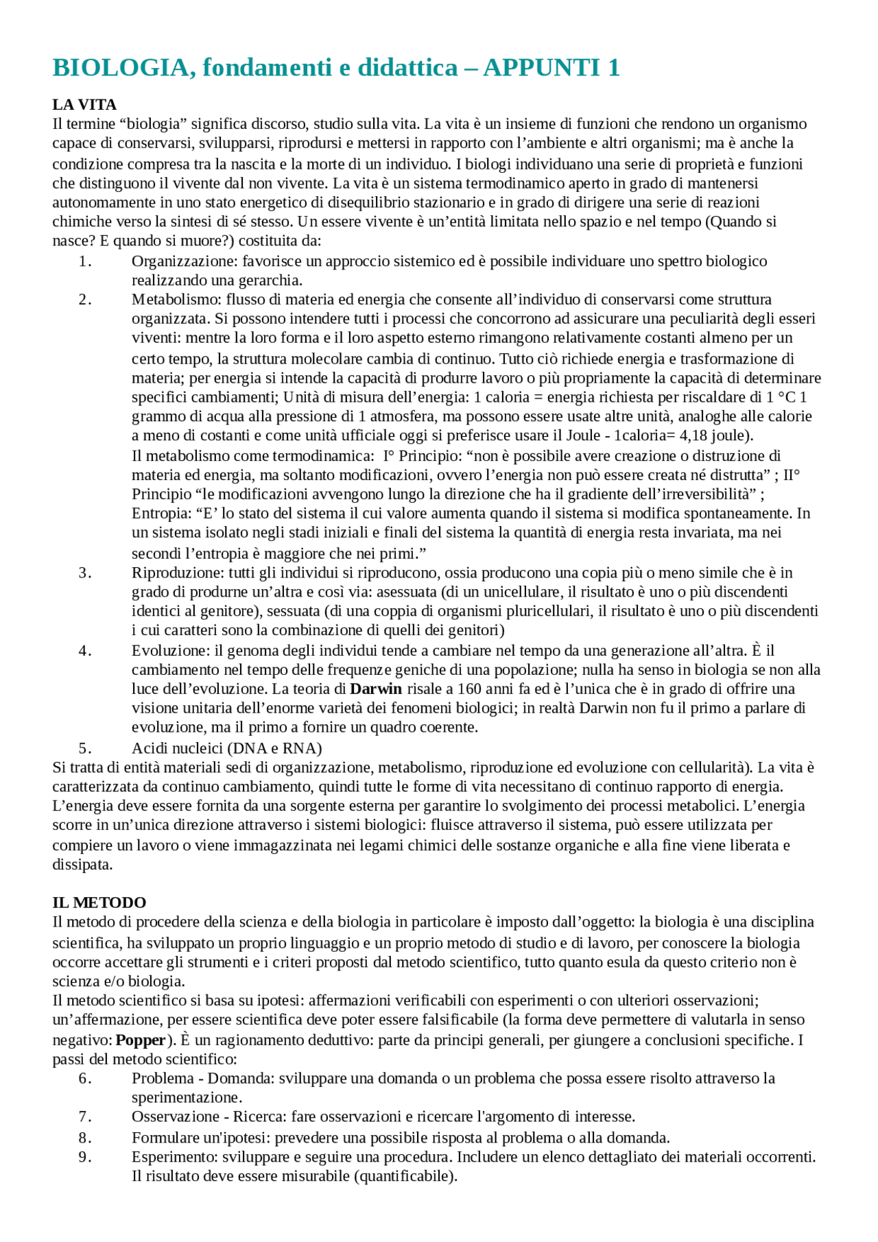 Appunti Parziale1 Biologia E Didattica Della Biologia Docsity