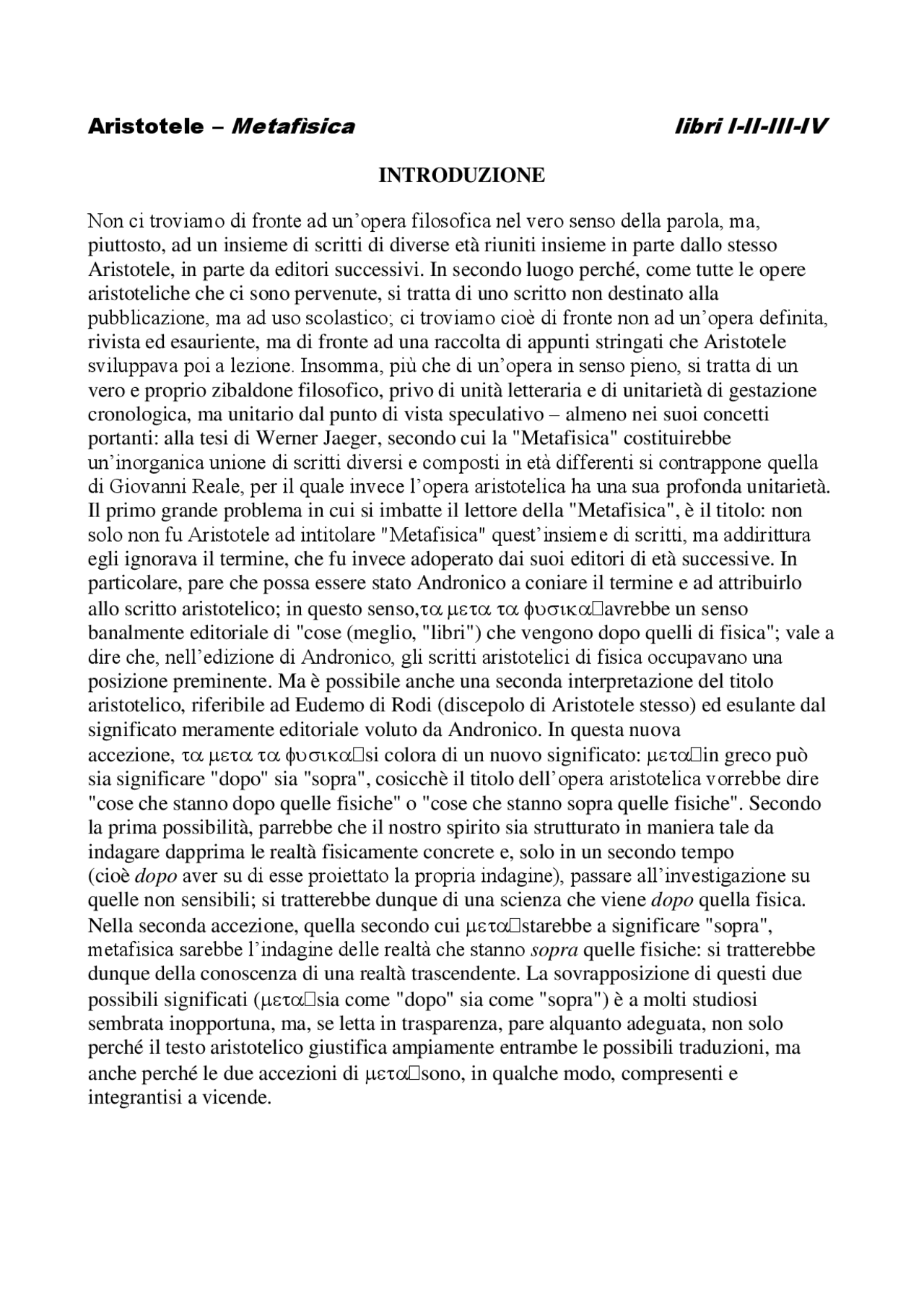 La Metafisica Di Aristotele Docsity