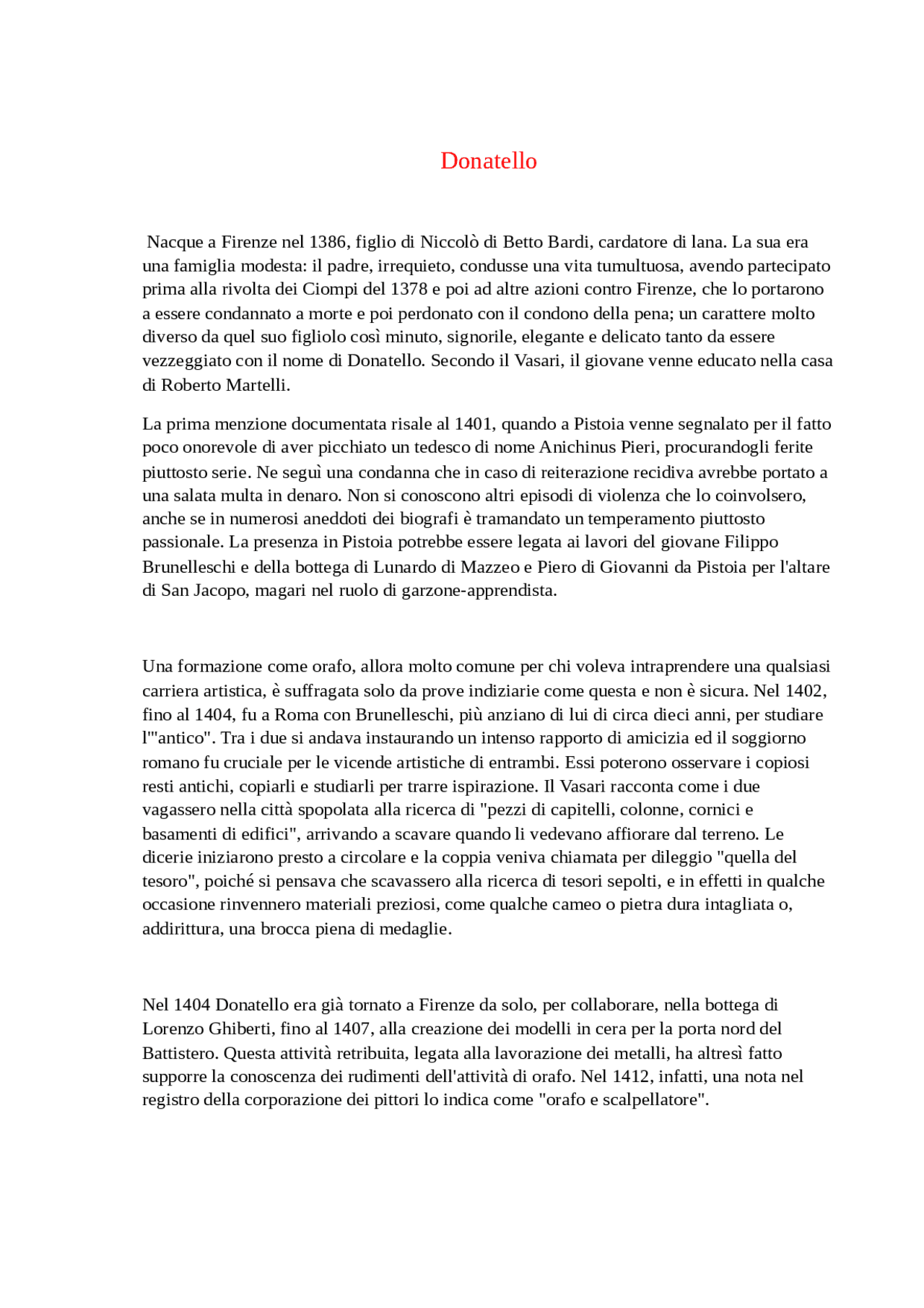 Donatello E Opere Più Significative Docsity