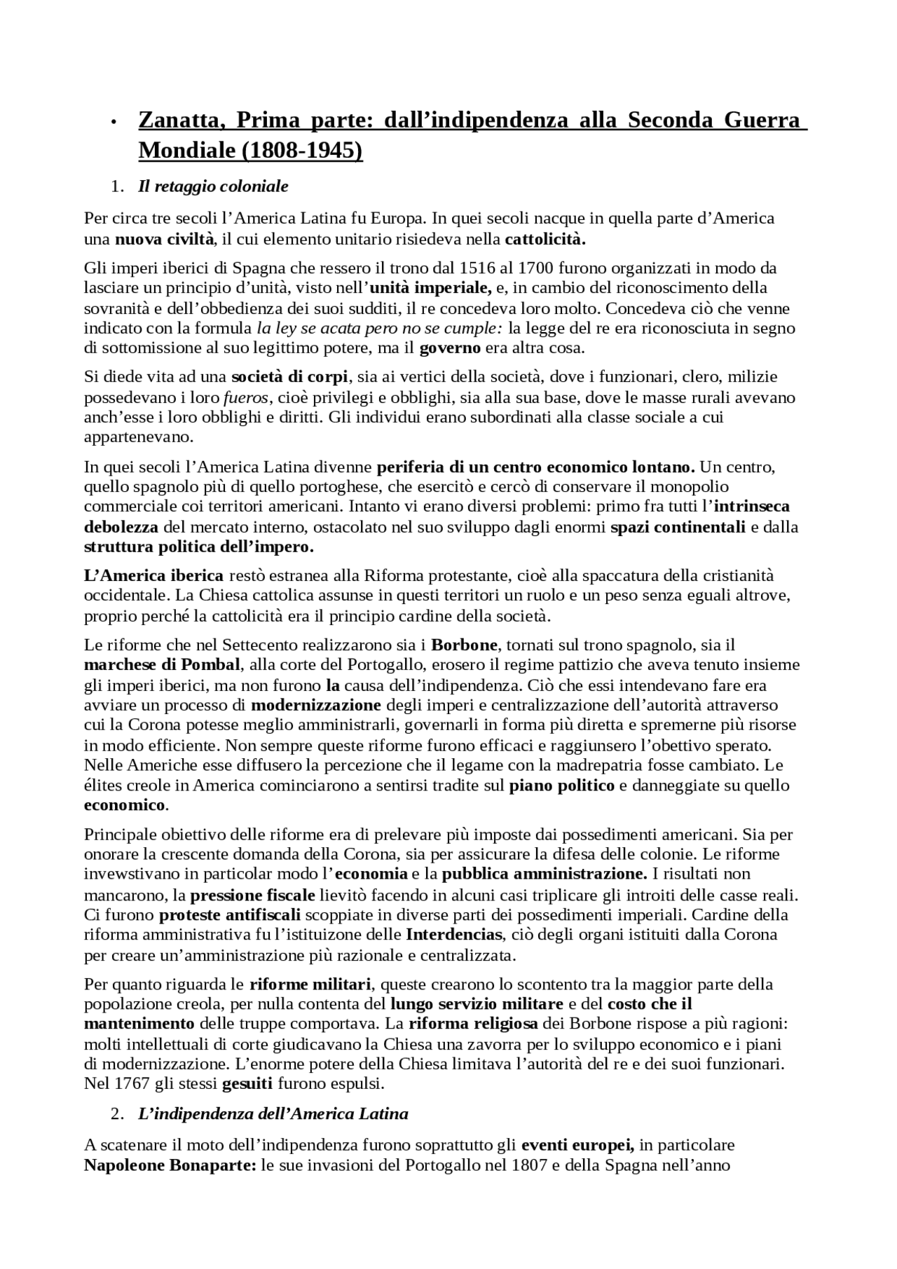 Storia dell'America Latina Contemporanea - Loris Zanatta - Docsity
