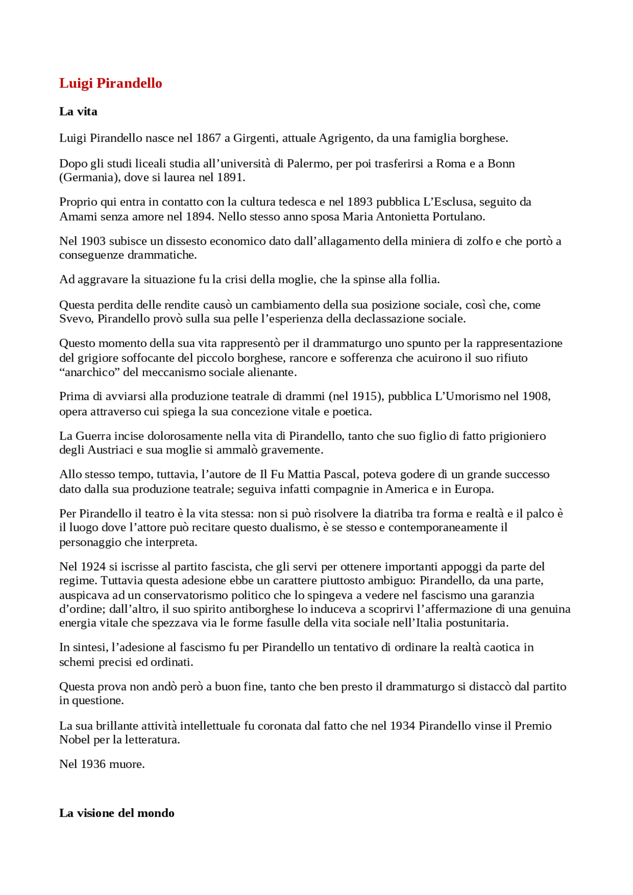 Luigi Pirandello Riassunto Docsity
