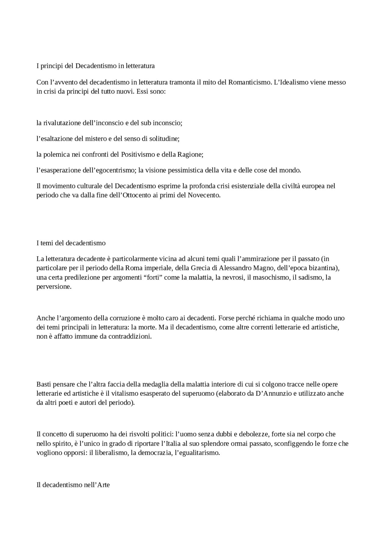 Il Decadentismo In Arte E Letteratura Docsity