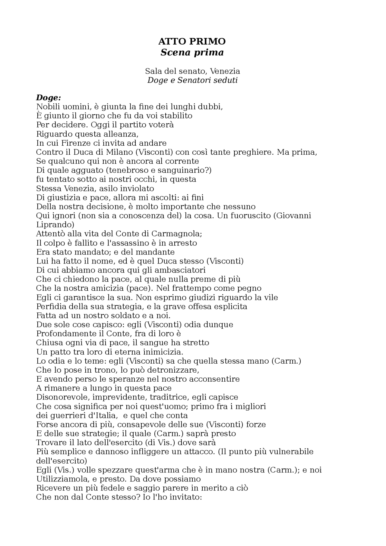 Il Conte Di Carmagnola A Manzoni Parafrasi Docsity