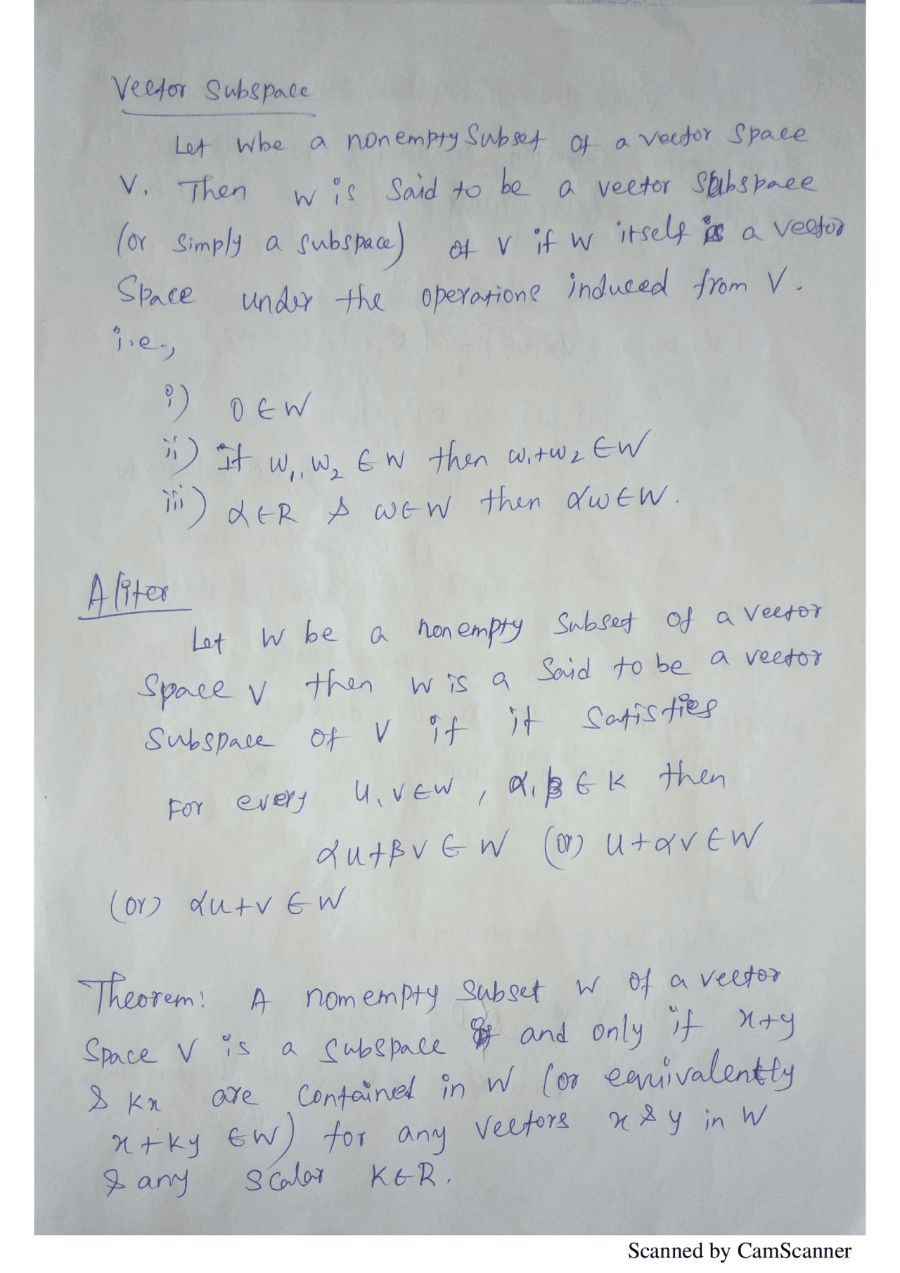 Handwritten Note On Vector Subspace Docsity
