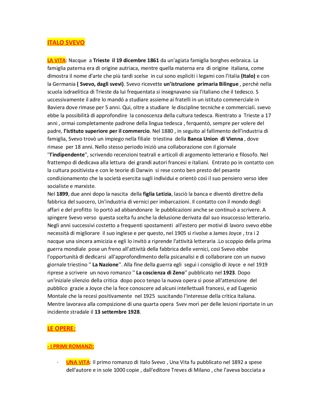 Italo Svevo riassunto italiano | Summaries of Italian | Docsity