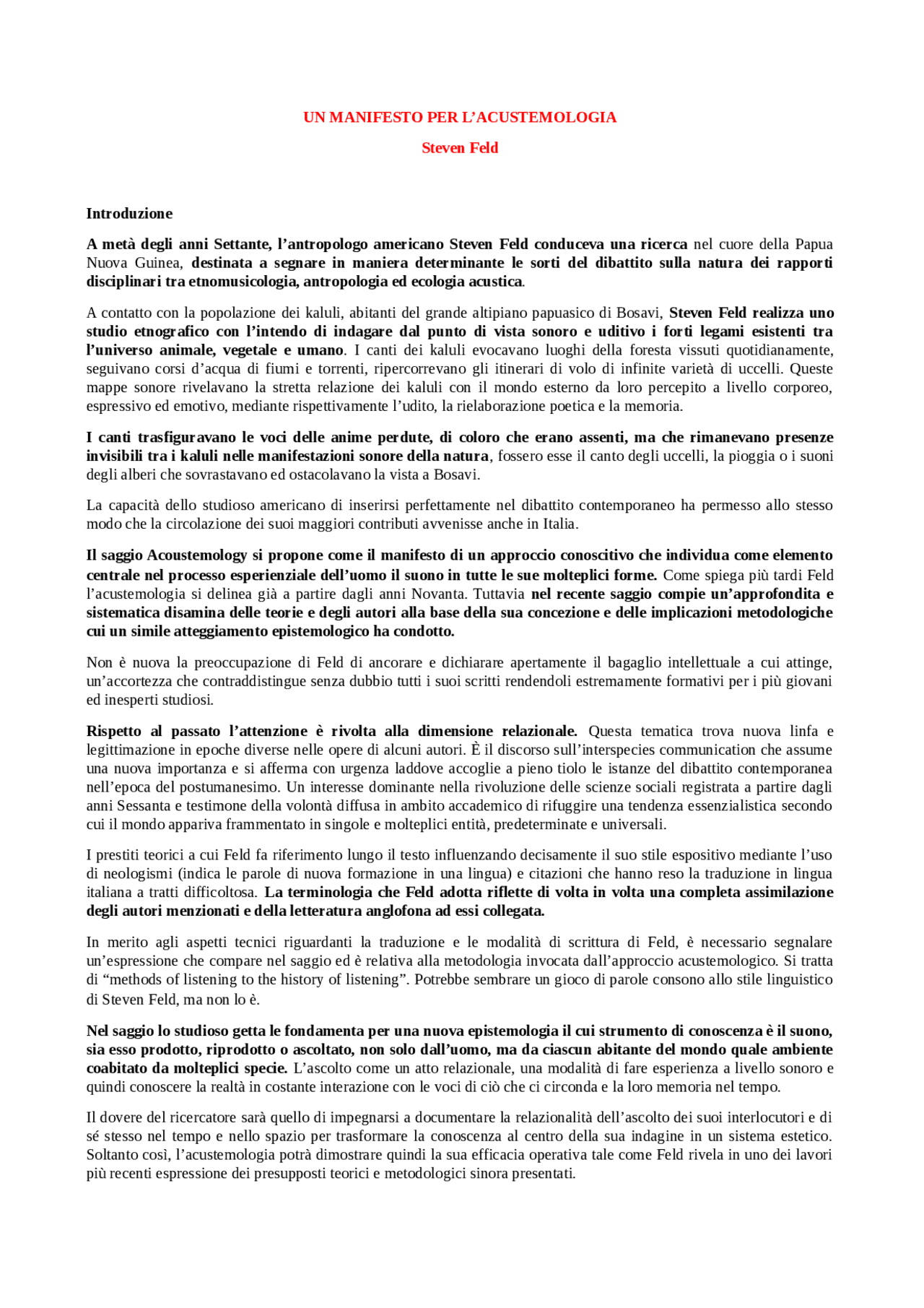 Riassunto De Un Manifesto Per Lacustemologia Di Steven Feld Docsity