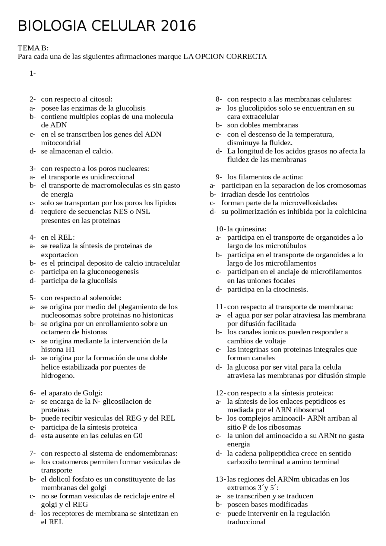 Examen Choice Biologia Celular Exámenes De Biología Celular Docsity