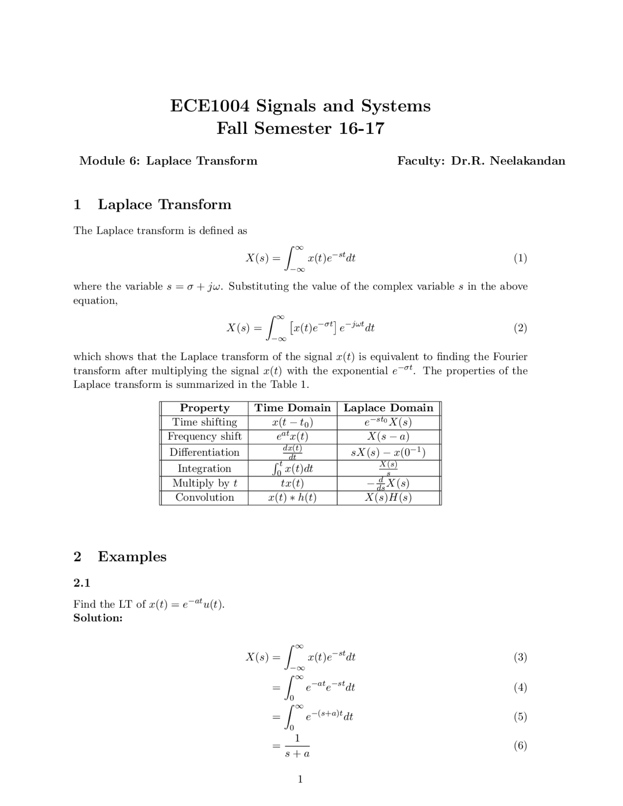 Lecture Notes On Laplace Transforms On Signals And Systems Lecture