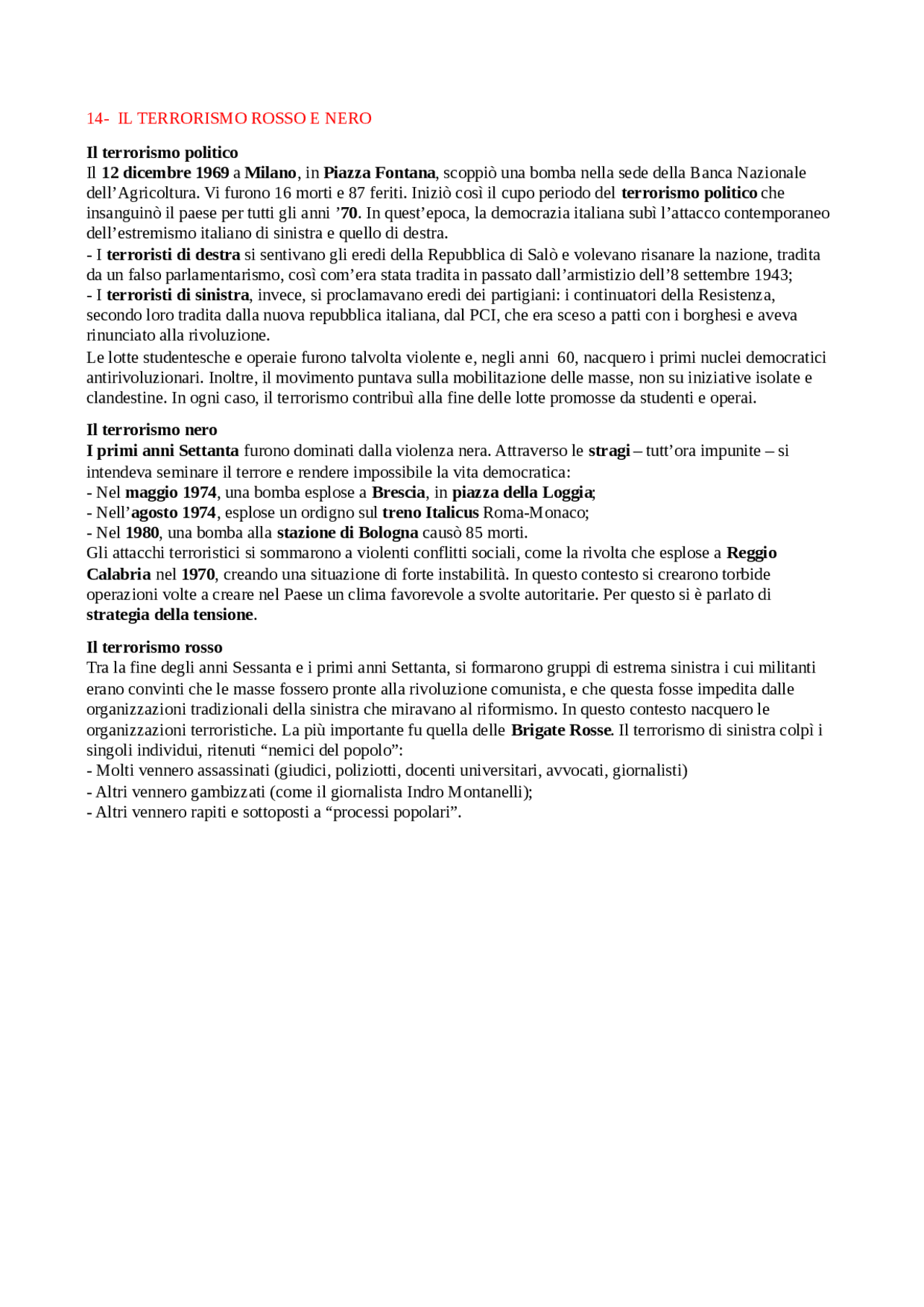Il Terrorismo Negli Anni 70 Appunti Di Storia Docsity