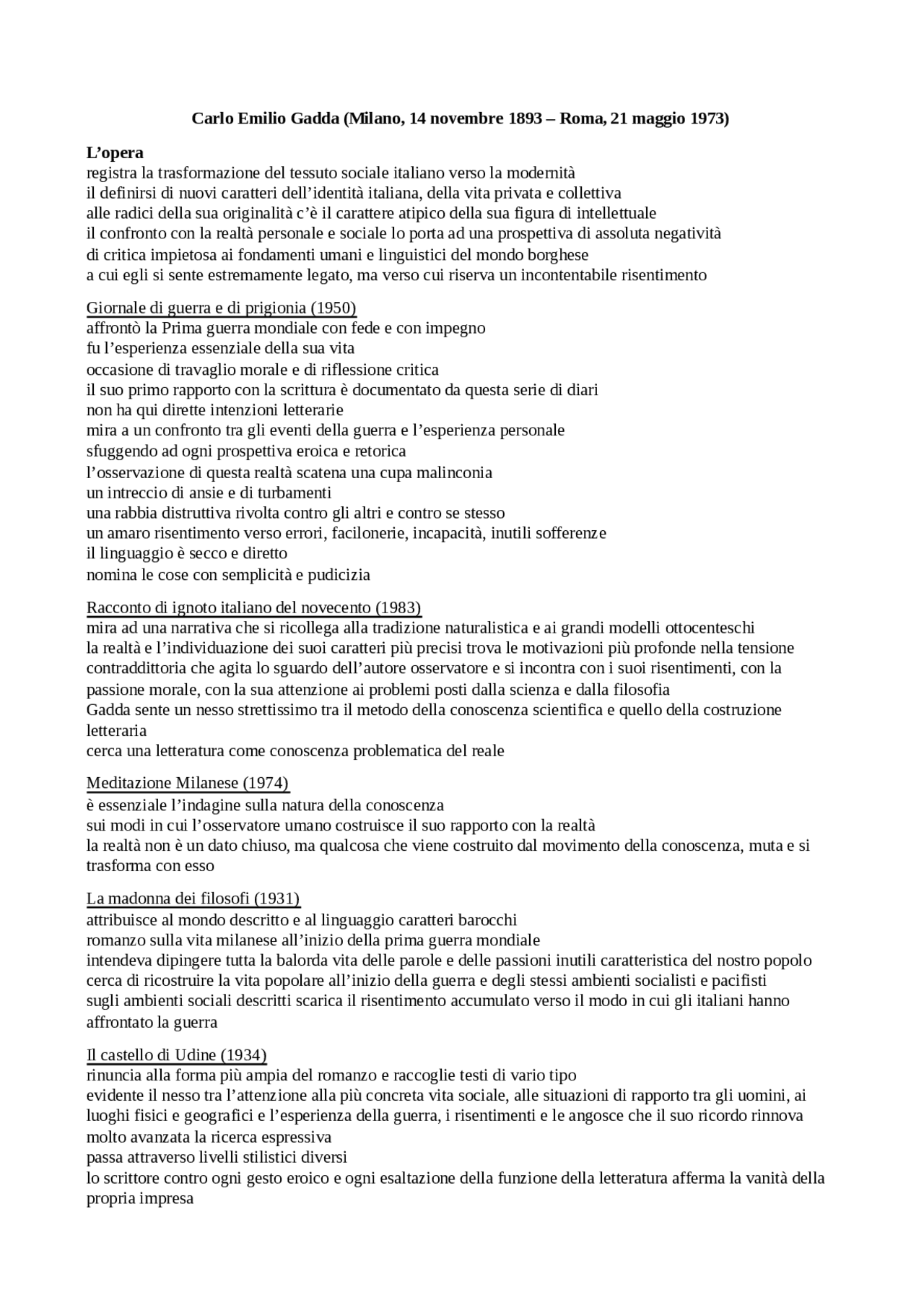 Tutte Le Maggiori Opere Di Gadda Docsity
