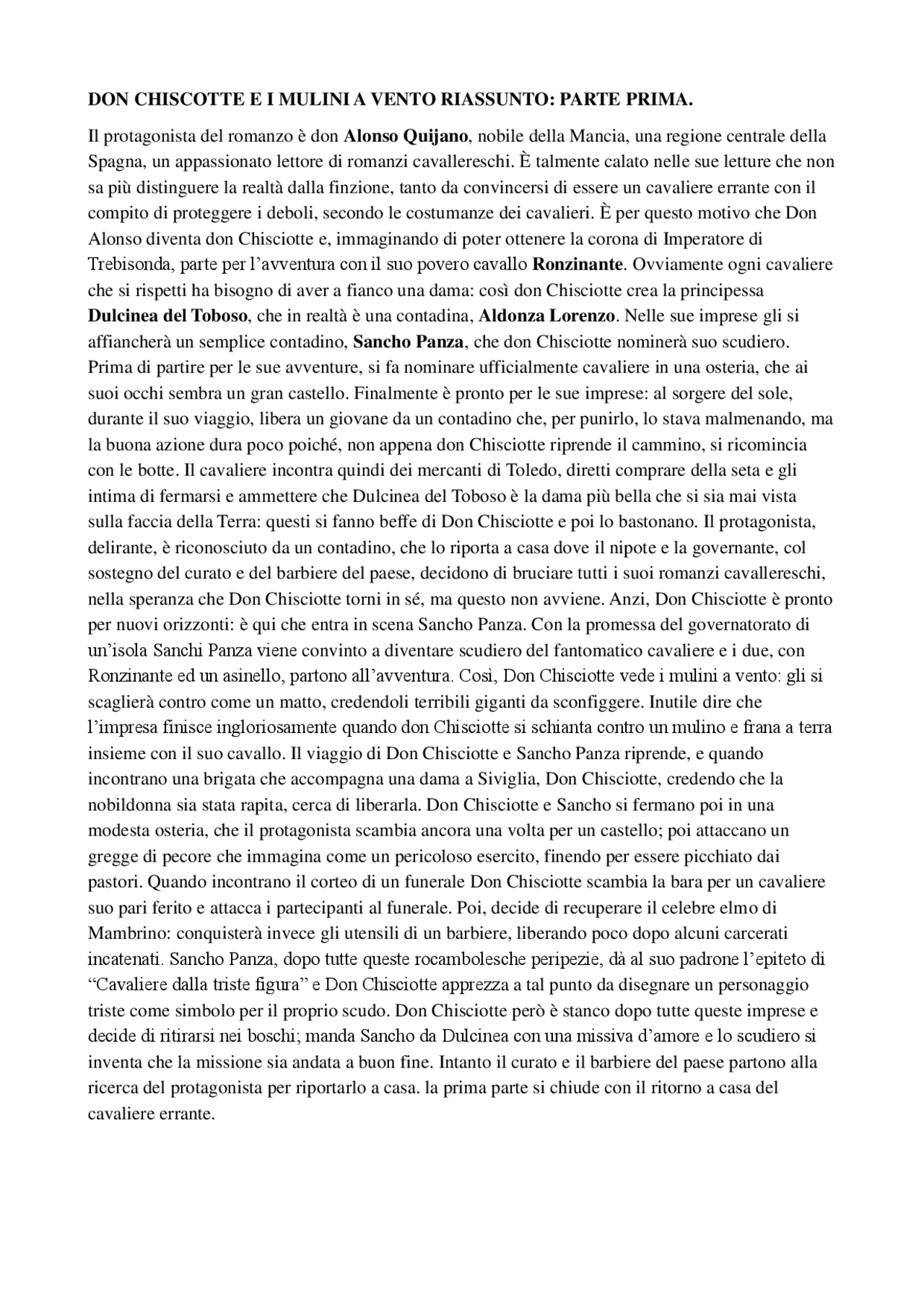 Riassunto Don Chisciotte Libro Parte Prima E Seconda Docsity