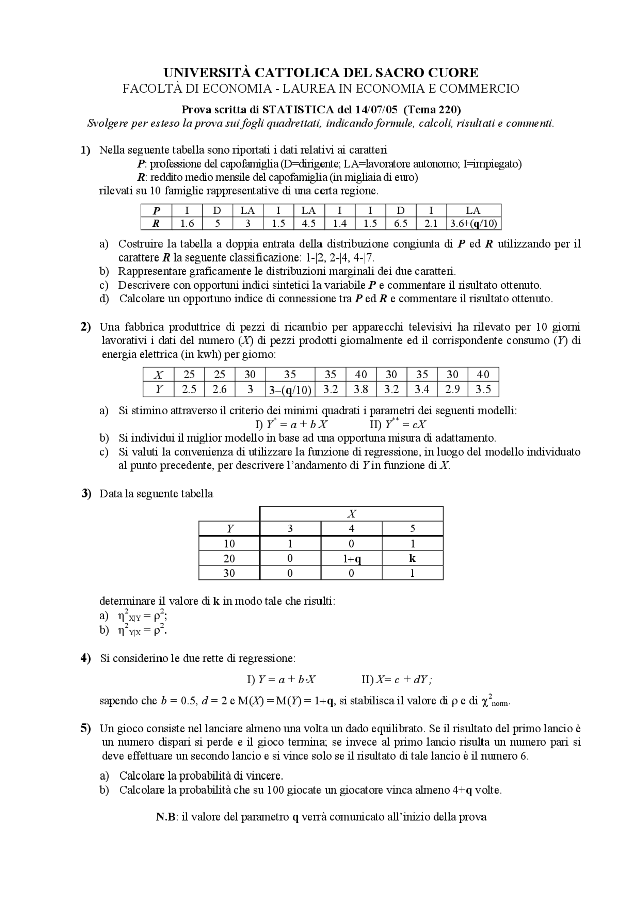 Tema D Esame Prova Di Statistica Unicatt 2o Anno T220 Docsity