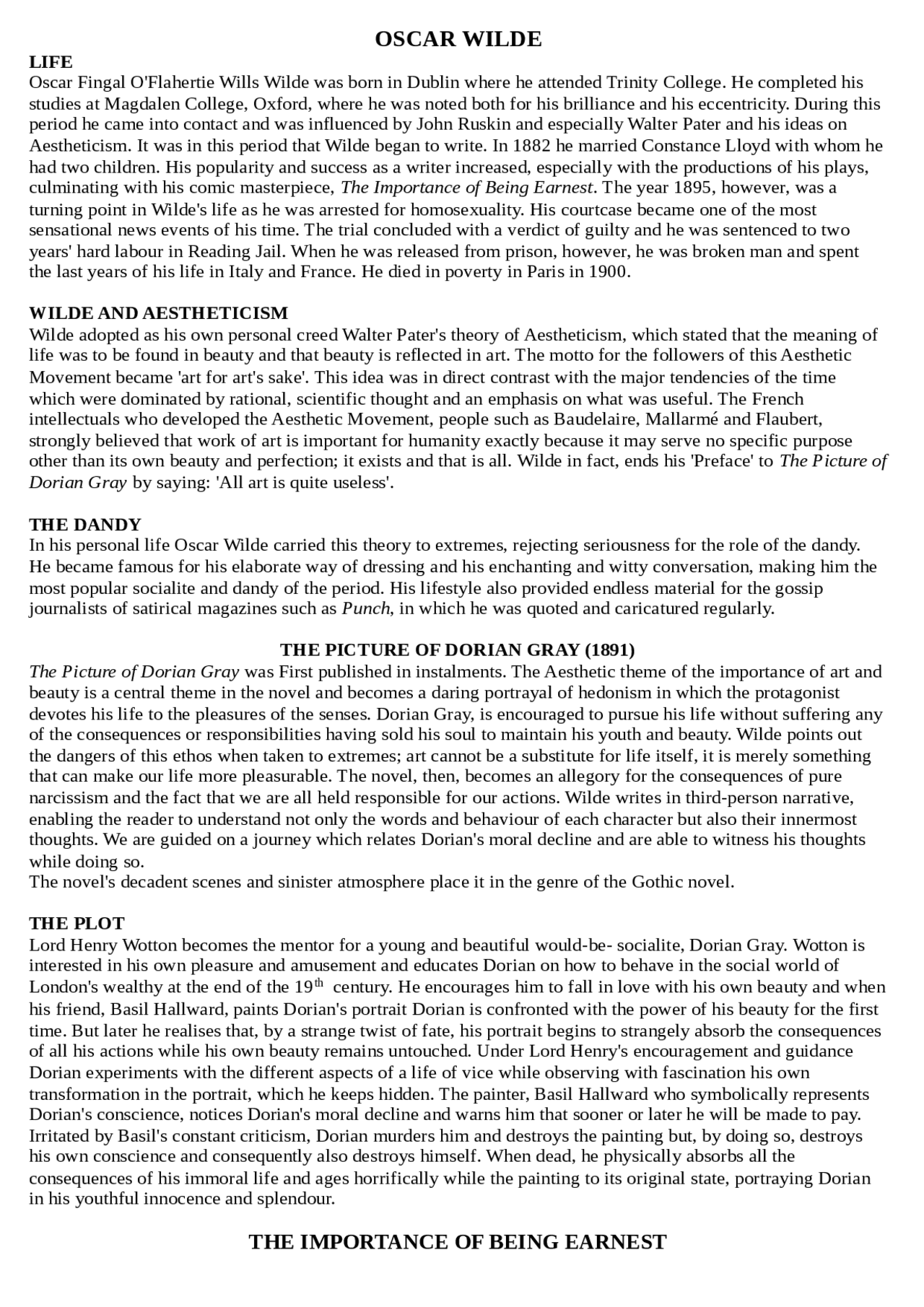 Oscar Wilde, The picture of Dorian Gray, The Importance of being Ernest ...