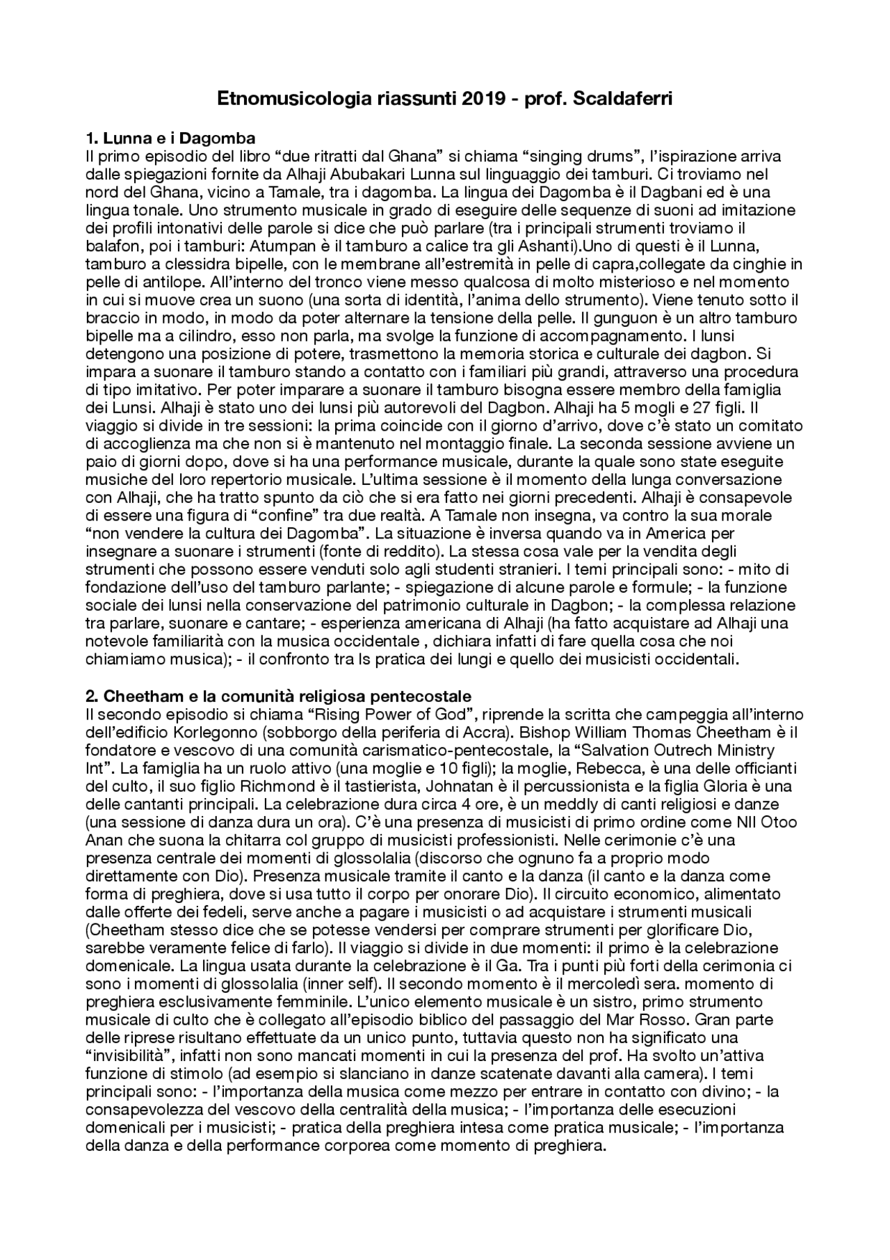 Sintesi Etnomusicologia Docsity