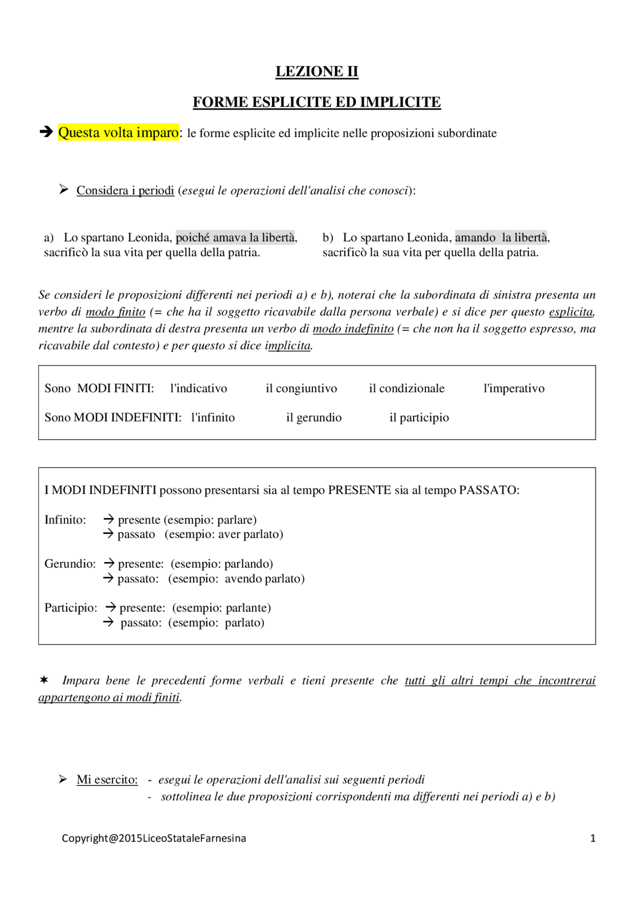 Forme implicite del verbo - Docsity