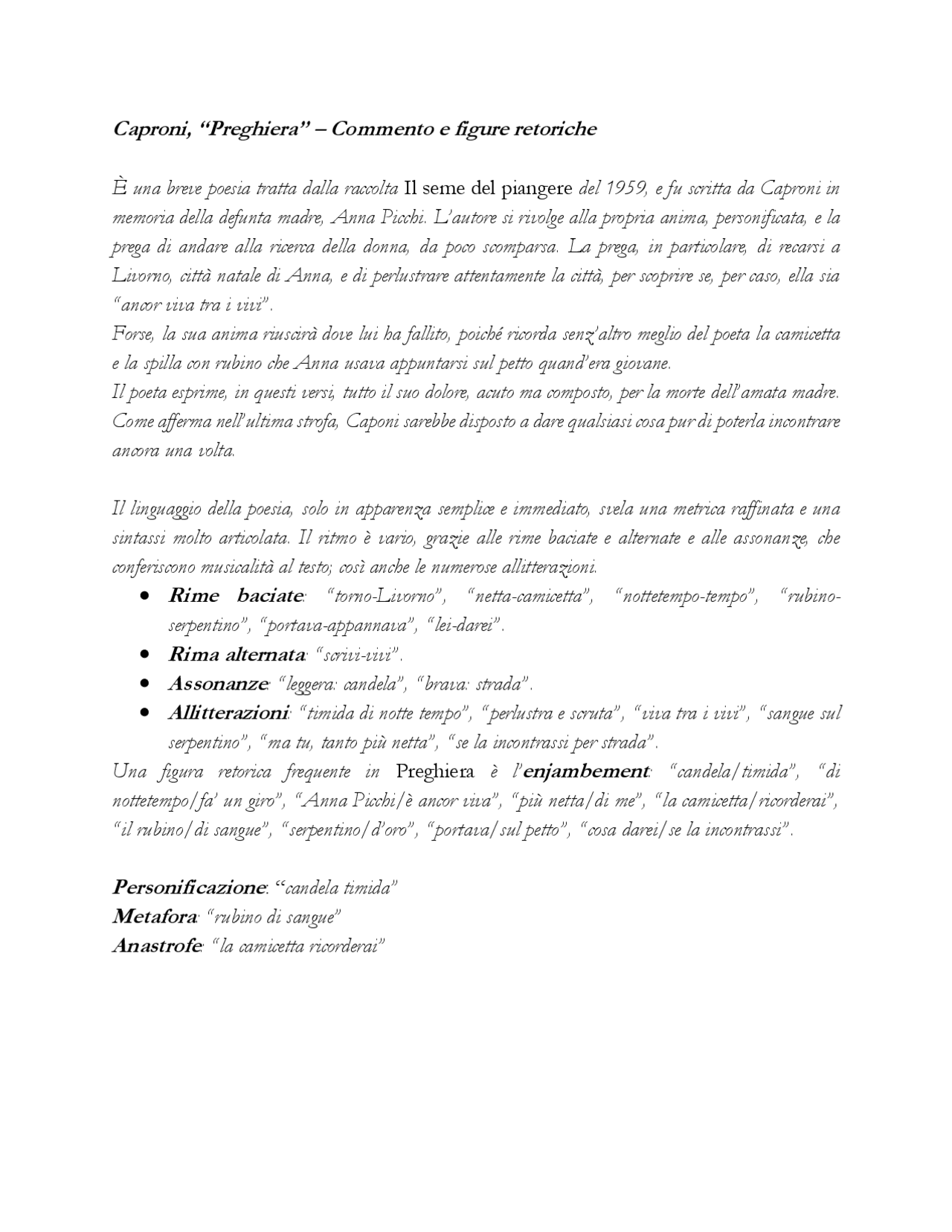 Caproni Preghiera Commento E Figure Retoriche Docsity