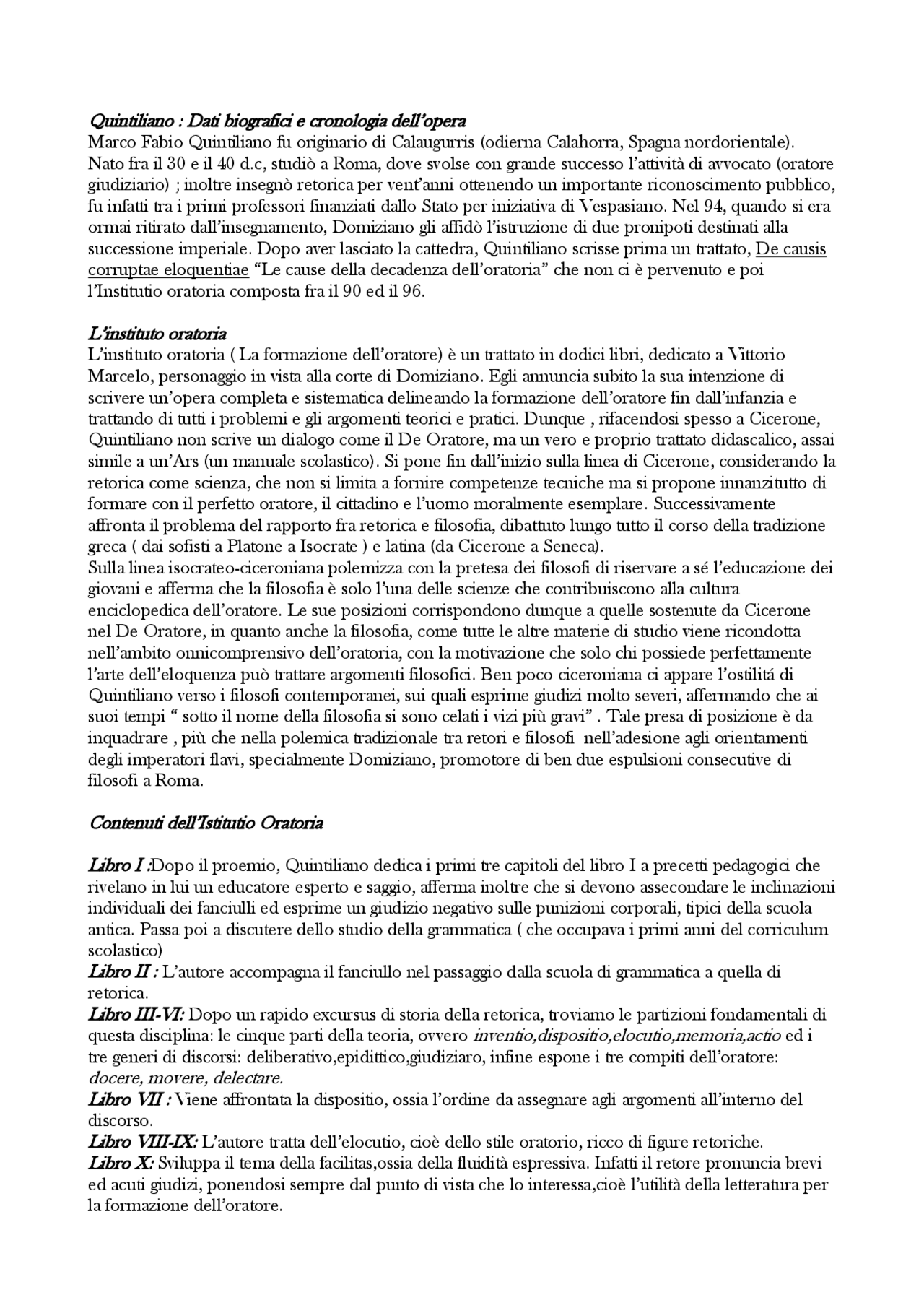 Letteratura Latina Quintiliano - Docsity