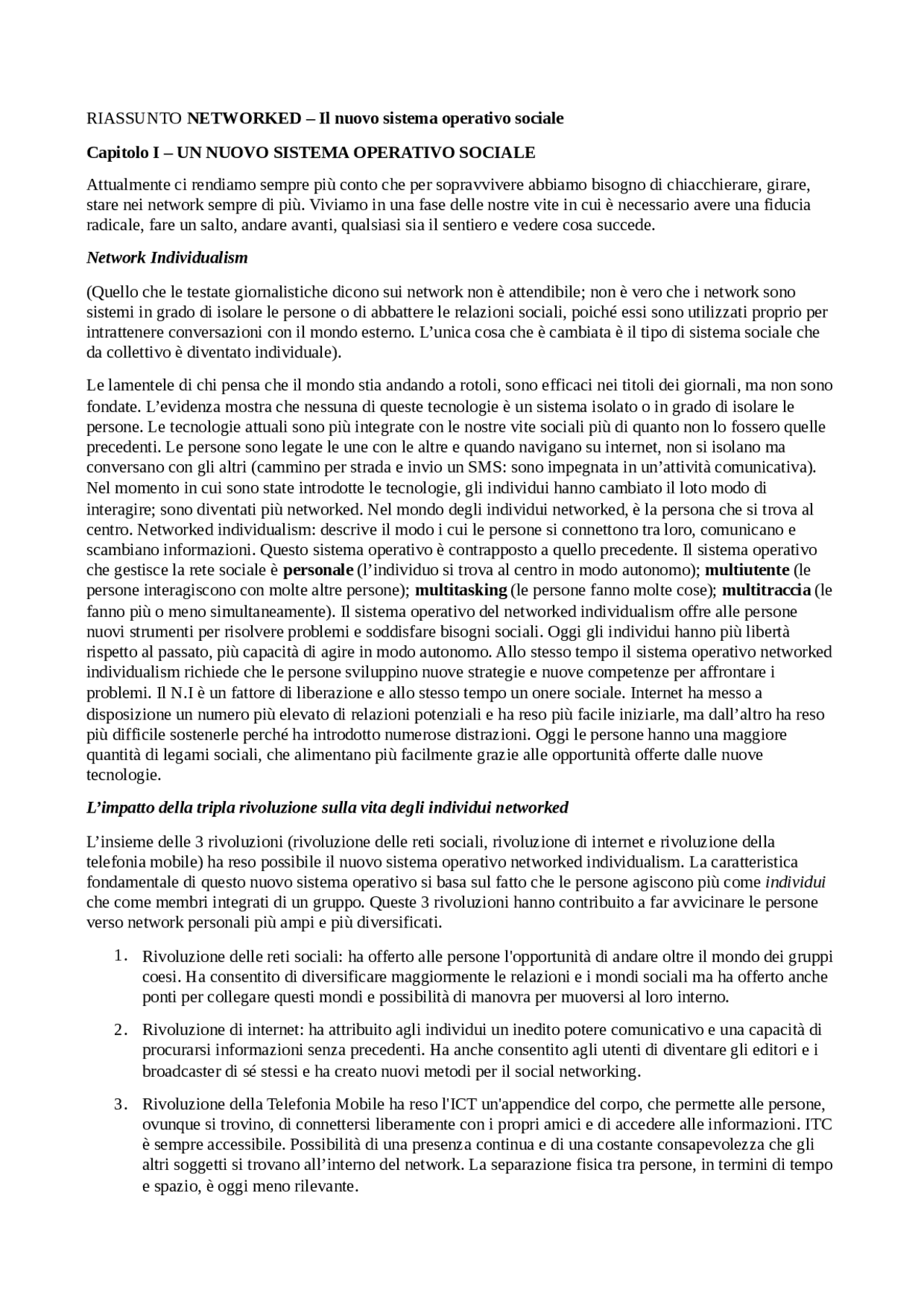 Riassunto Networked Wellman Docsity
