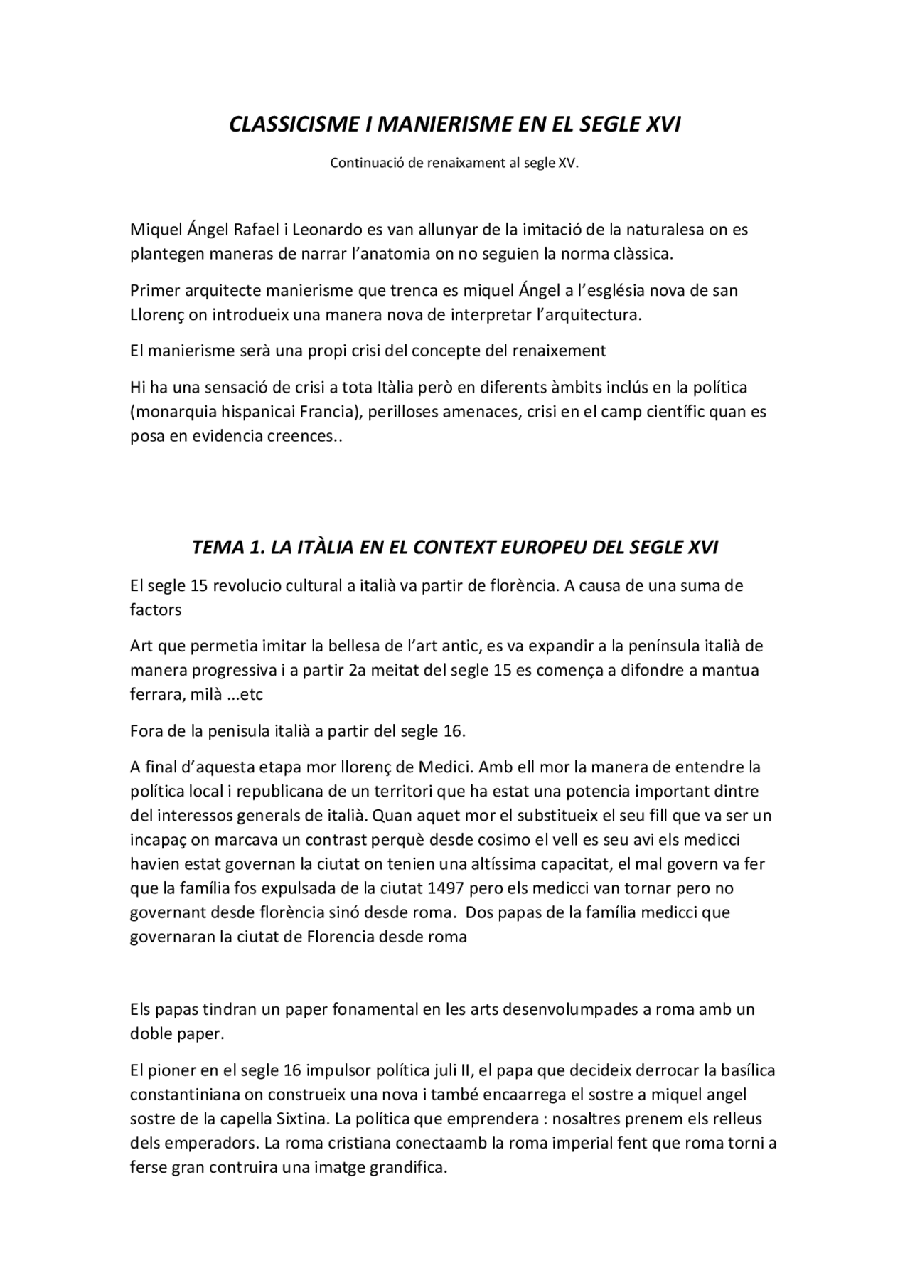 Primer Parcial De Classicisme I Manierisme Docsity