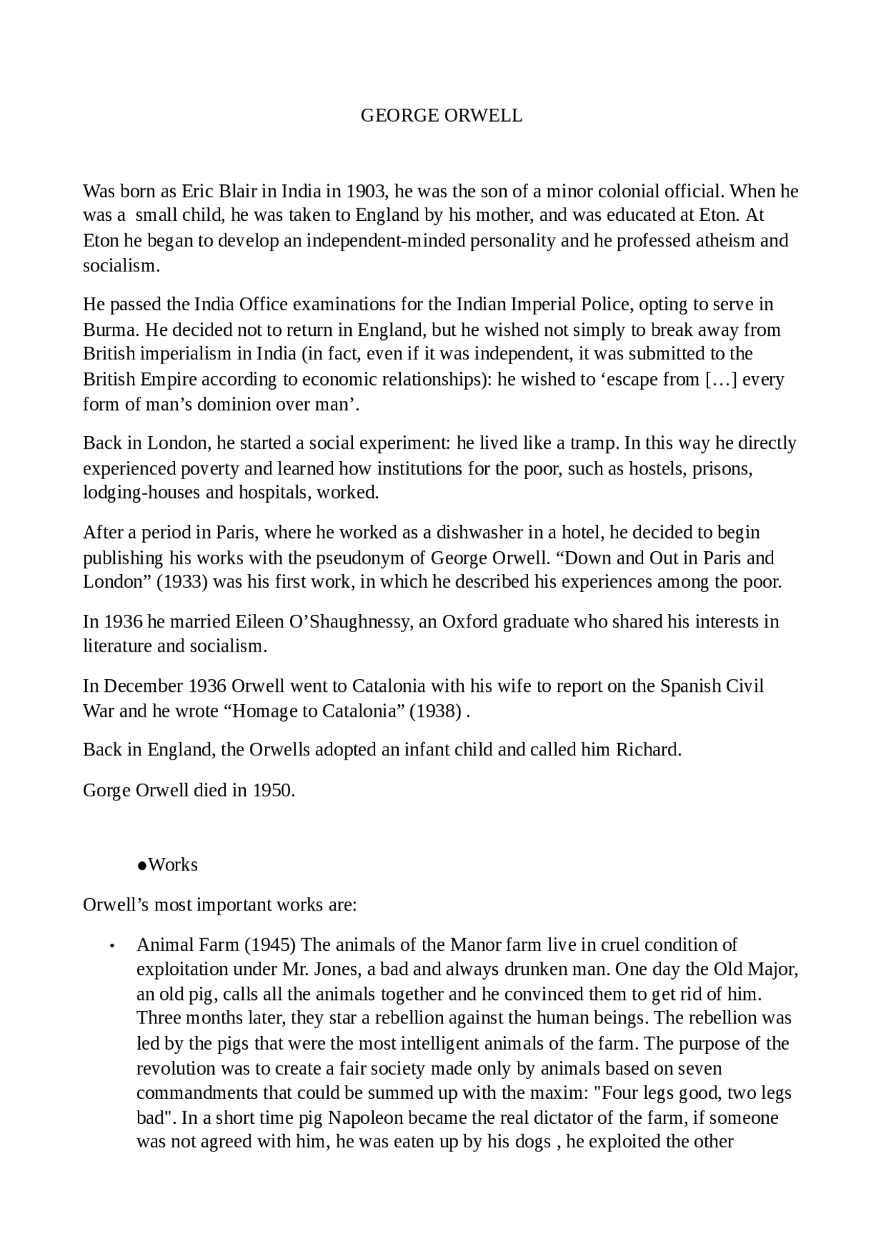 George Orwell, life and works - Docsity